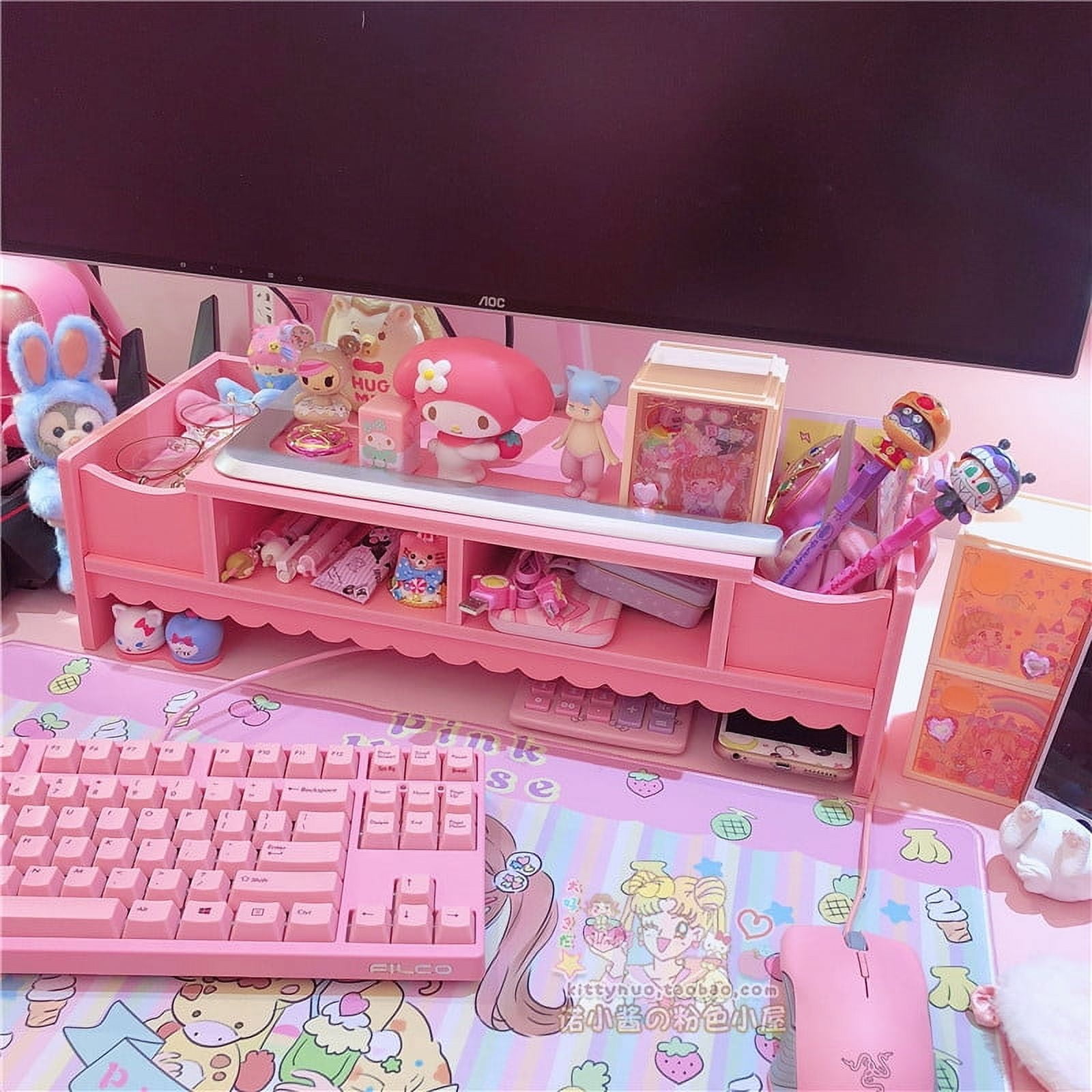 Pink Cute Monitor Stand Desktop Storage Wood Bracket Storage Box Laptop ...