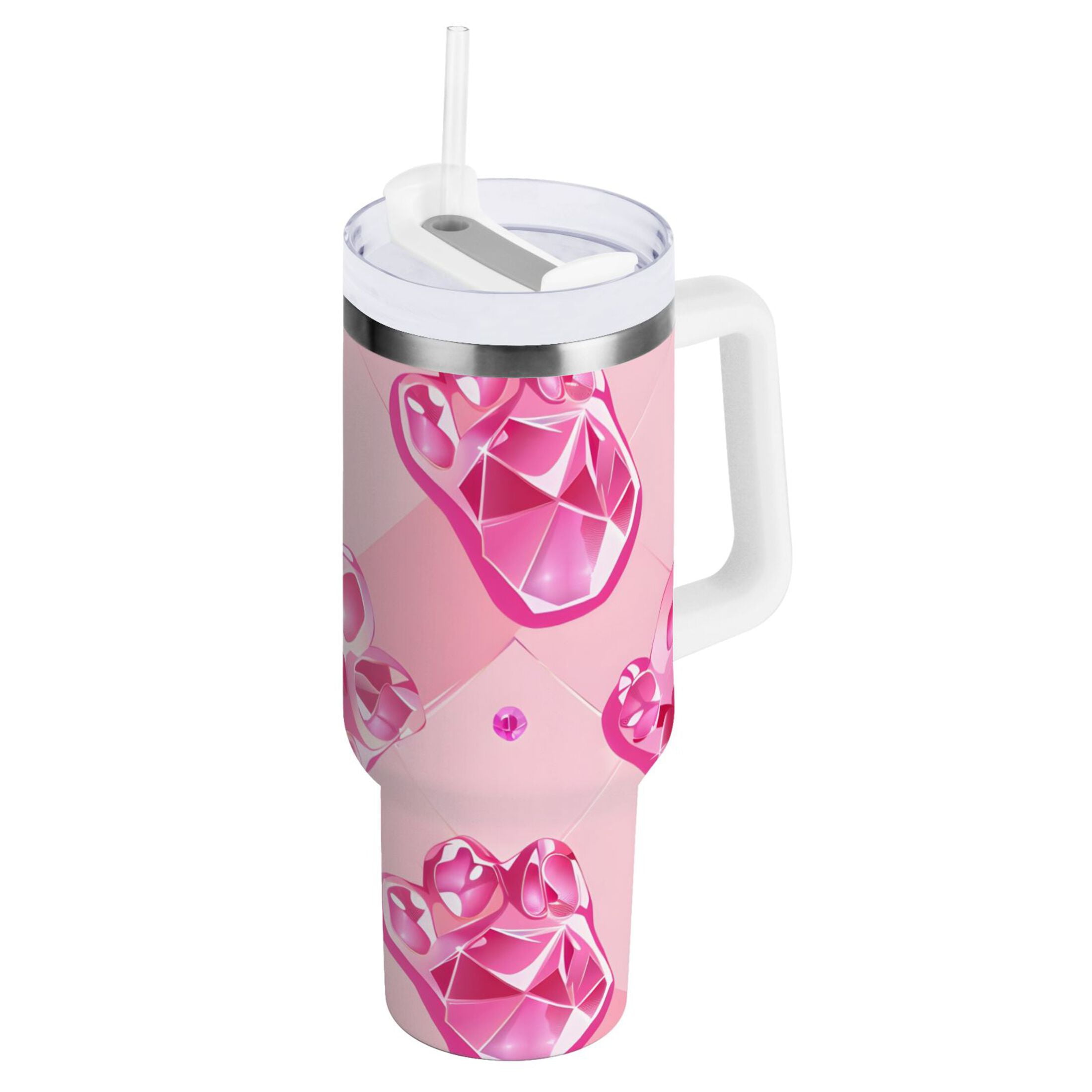 Pink Cute Print Tumbler with Handle and Straw Insulated Travel Mug ...