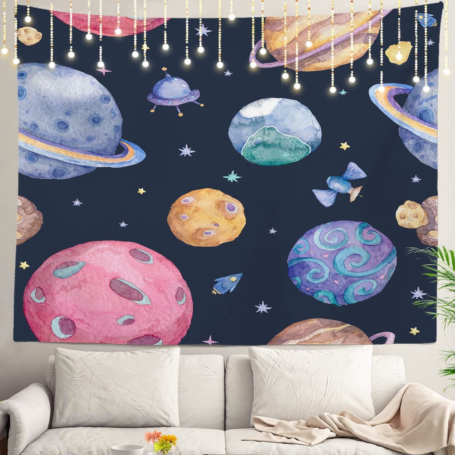 Pink Cute Universe Wall Tapestry, Blue Cartoon Space Wall Hanging Large ...