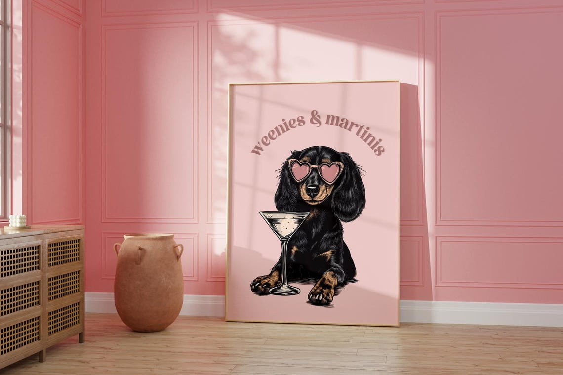 Pink Dachshund Print, Funky Poster, Preppy Art, Dachshund, Dog, Bar ...