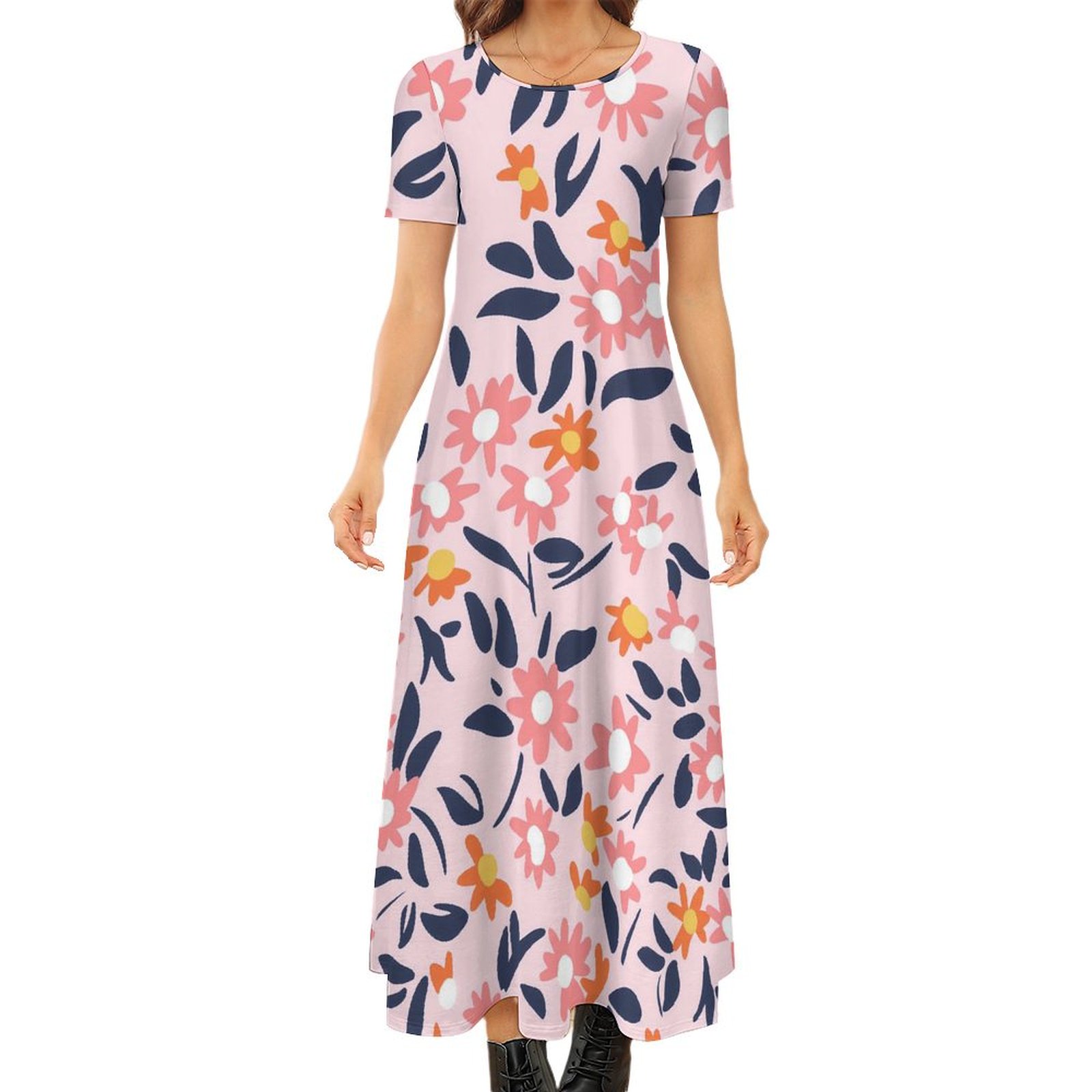Pink Daisies Print Dress Meadow Flowers Maxi Dress Woman Short Sleeve ...