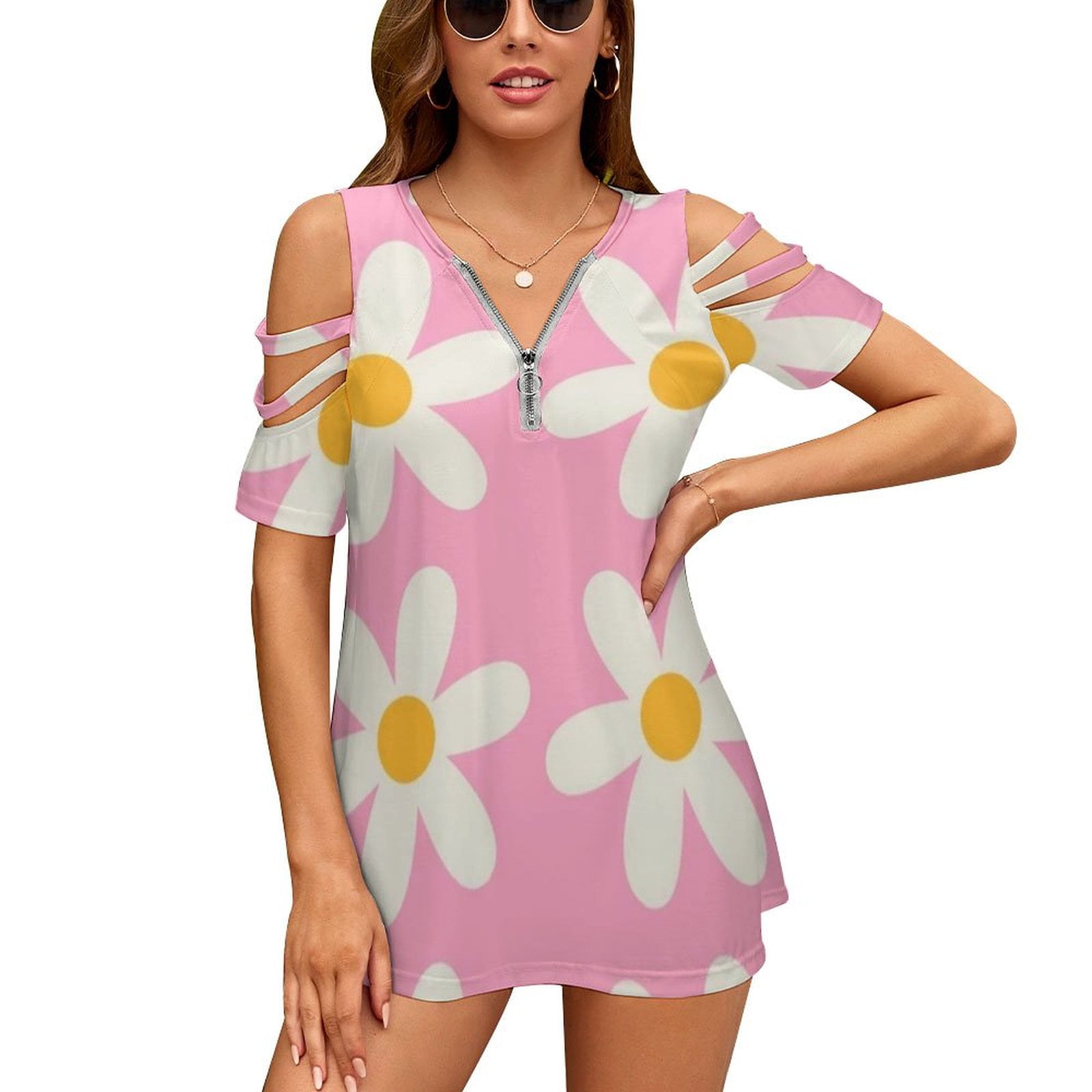 Pink Daisy Design New Fashion Zip Off Shoulder Top Short-Sleeve Women ...