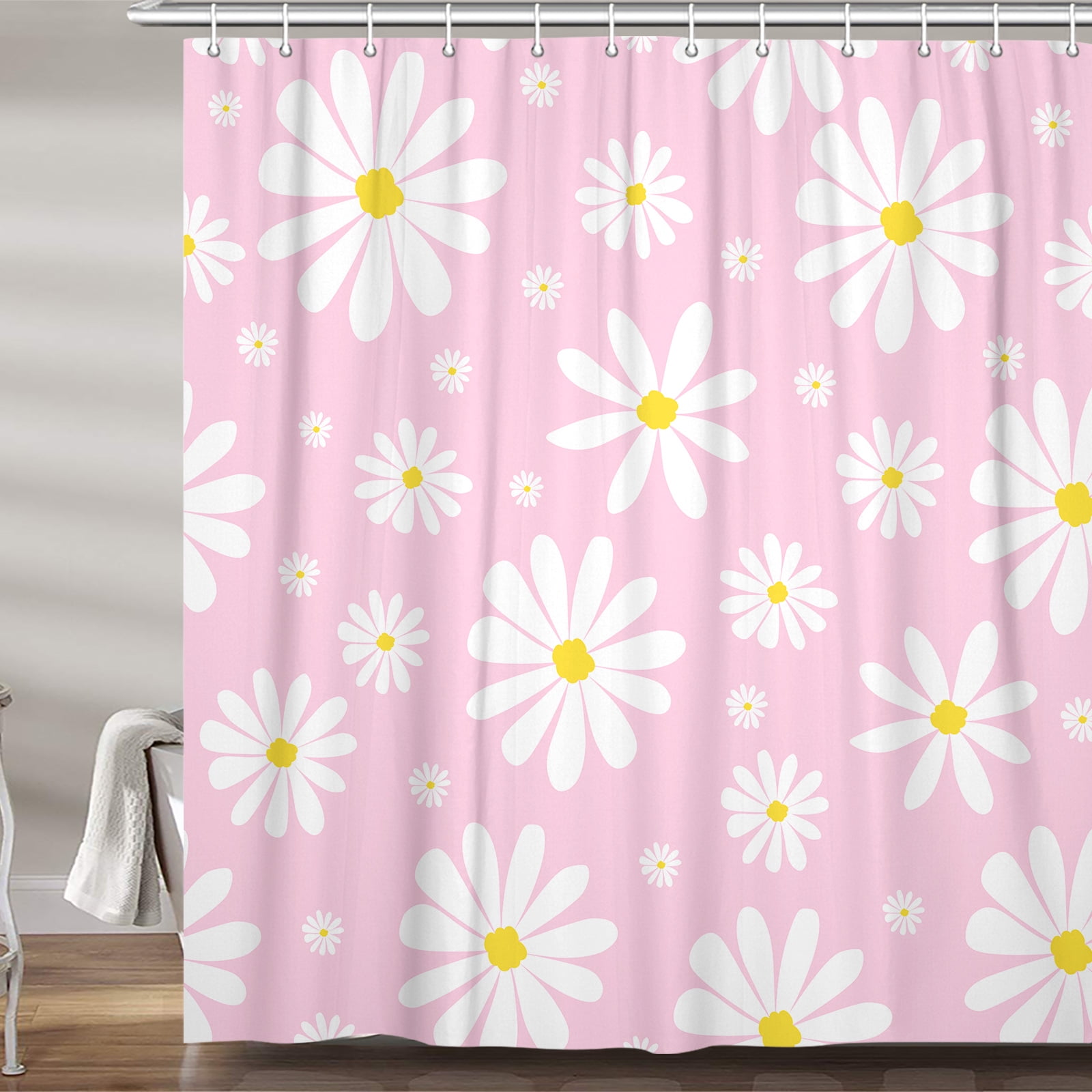 Pink Daisy Floral Shower Curtain, Cute Boho White and Pink Groovy Retro ...