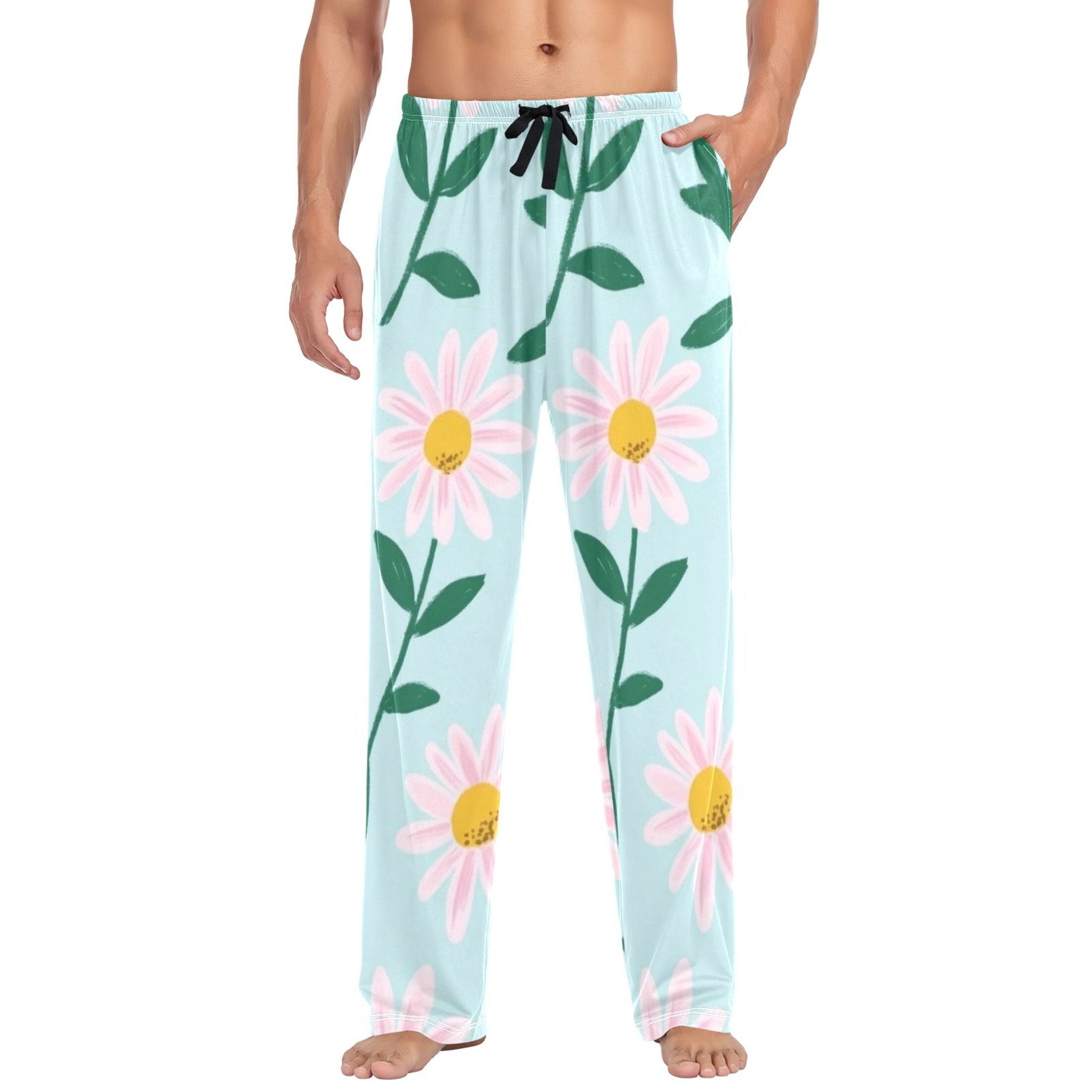 Pink Daisy Illustration Drawing Mens Cotton Pajama Pant Sleep and ...