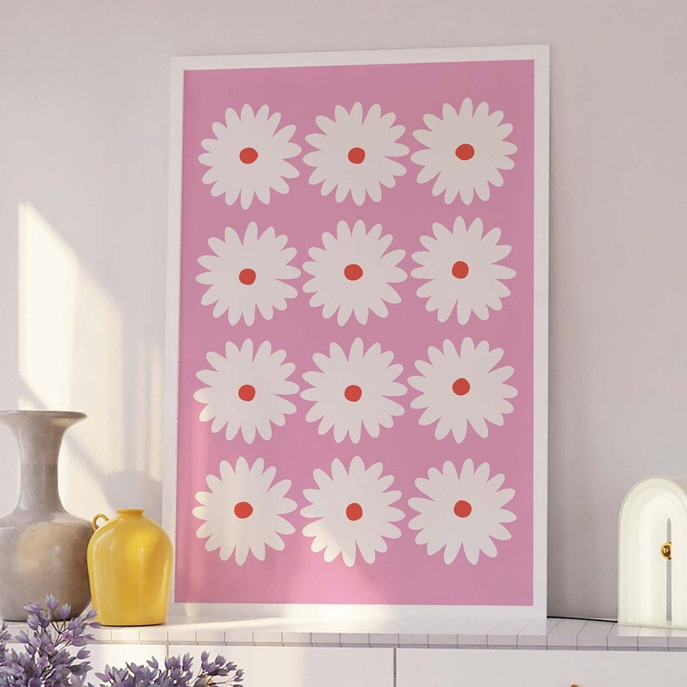 Pink Daisy Print, Flower Wall Art, Pink Daisies Floral Art Print, Cute ...