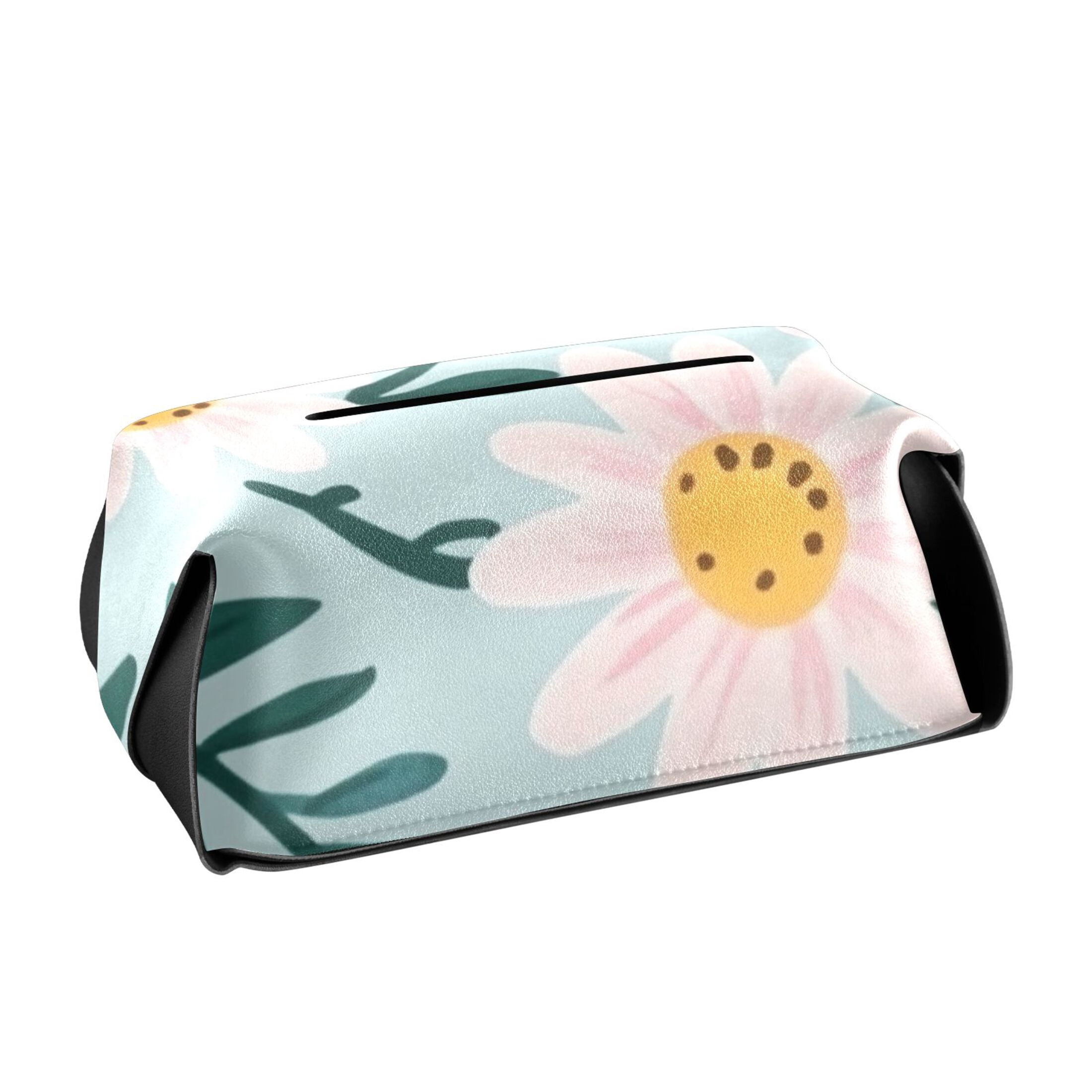 Pink Daisy and Green Leaf Illustration Drawing Tissue Box Cover Leather ...