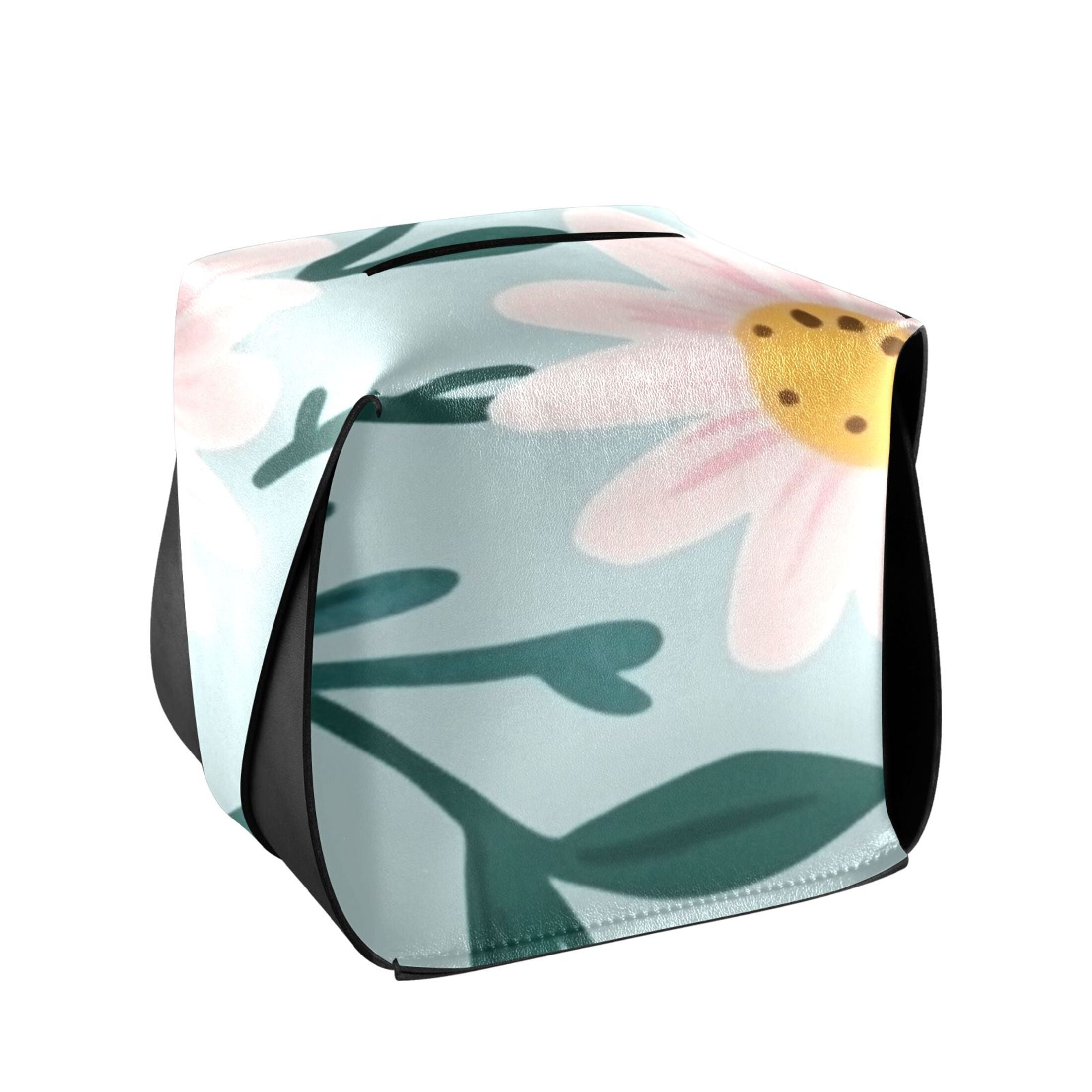 Pink Daisy and Green Leaf Illustration Drawing Tissue Box Cover Leather ...