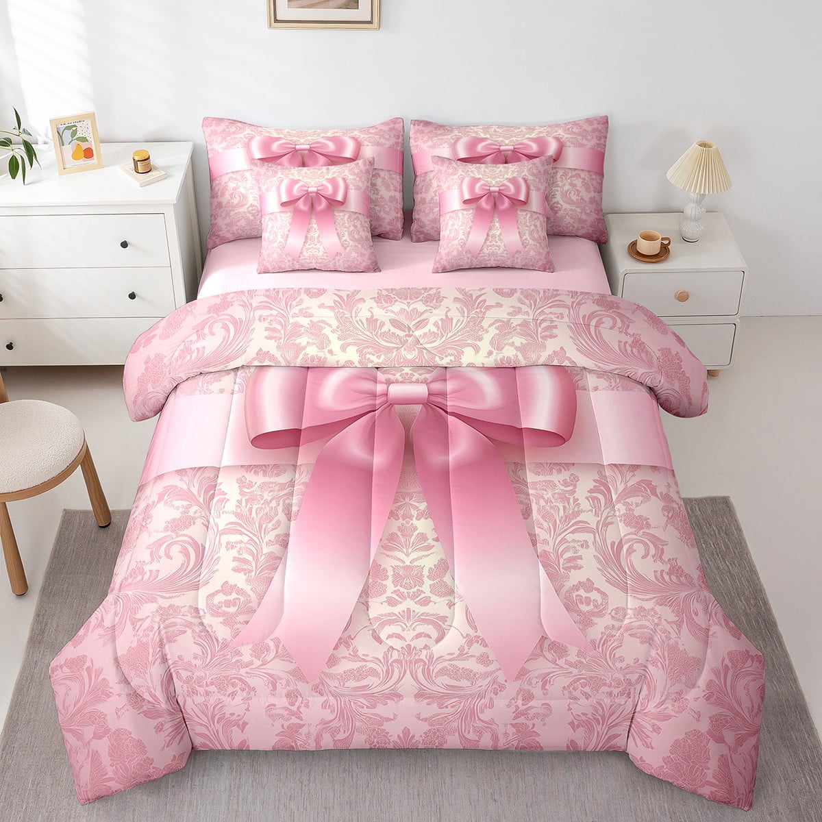 Pink Damask 7 Piece Bed in a Bag Twin,Dreamy ish Bowknot Bedding Set ...