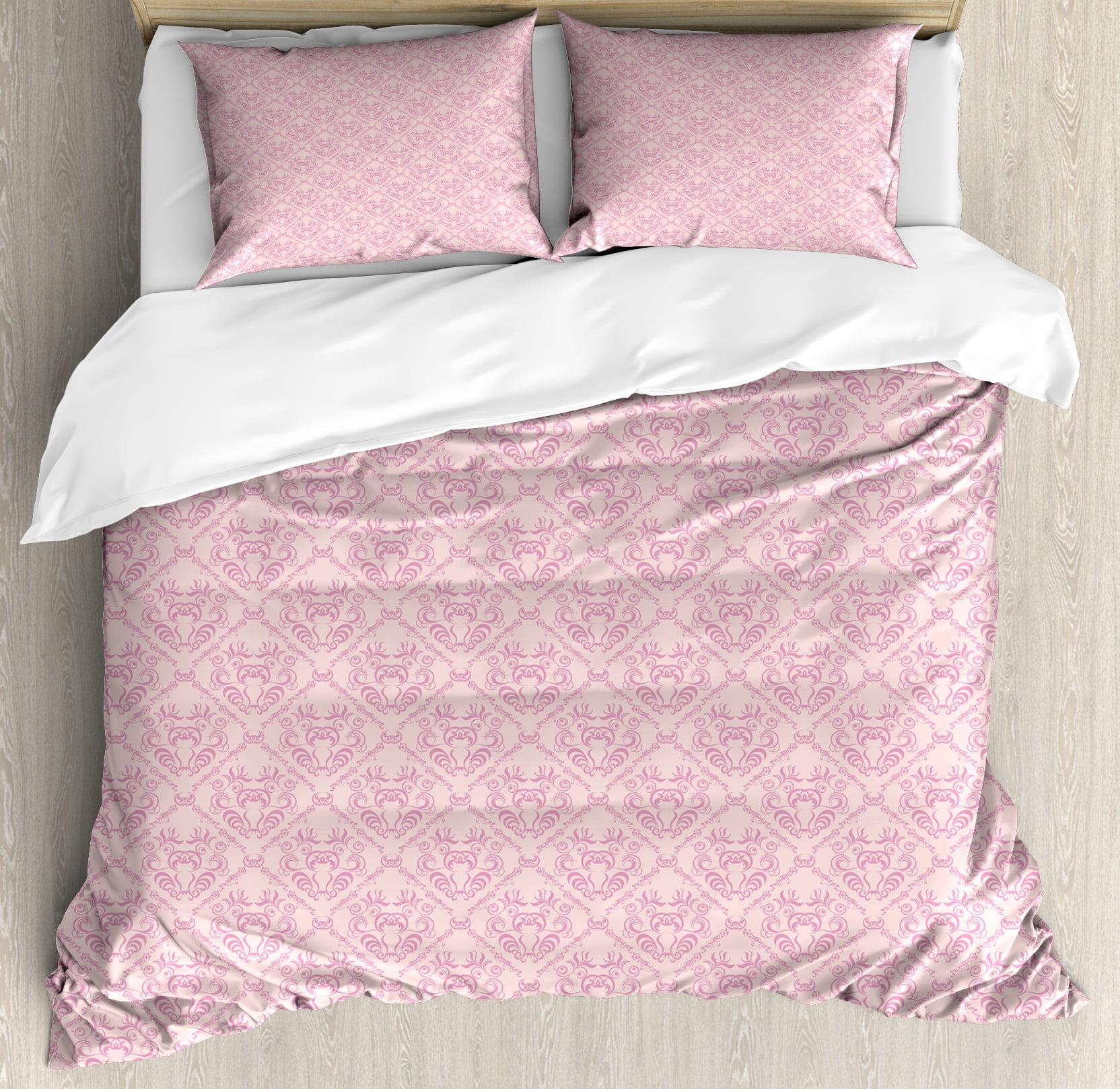 Pink Damask Duvet Cover Set, Thin Delicate Look Floral Abstract ...