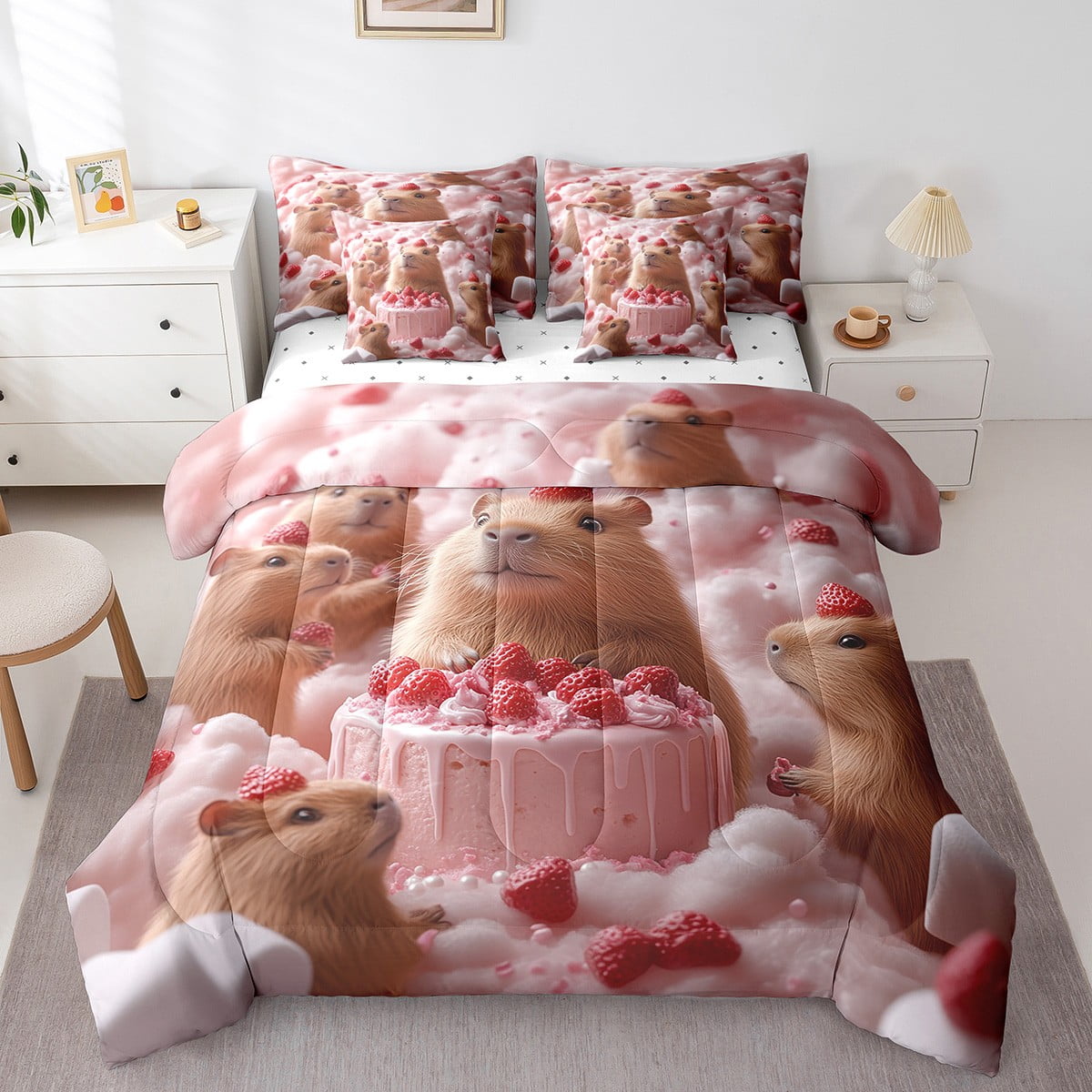 Pink Decor Bed In A Bag Capybara Cake Print Bedding Set,Teens Cartoon ...