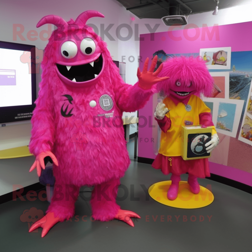 Pink Demon REDBROKOLY mascot costume character dressed with a Raincoat ...