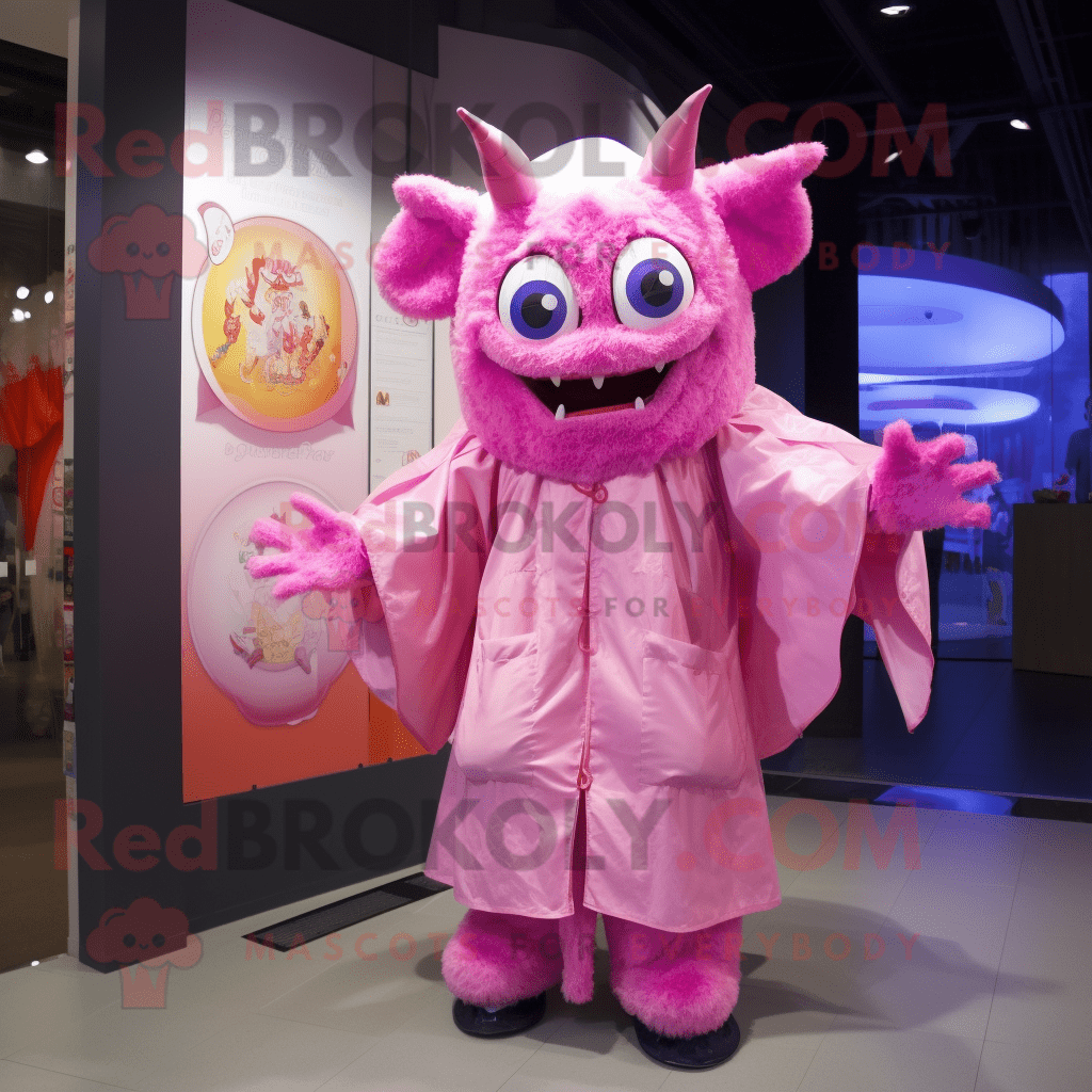Pink Demon REDBROKOLY mascot costume character dressed with a Raincoat ...