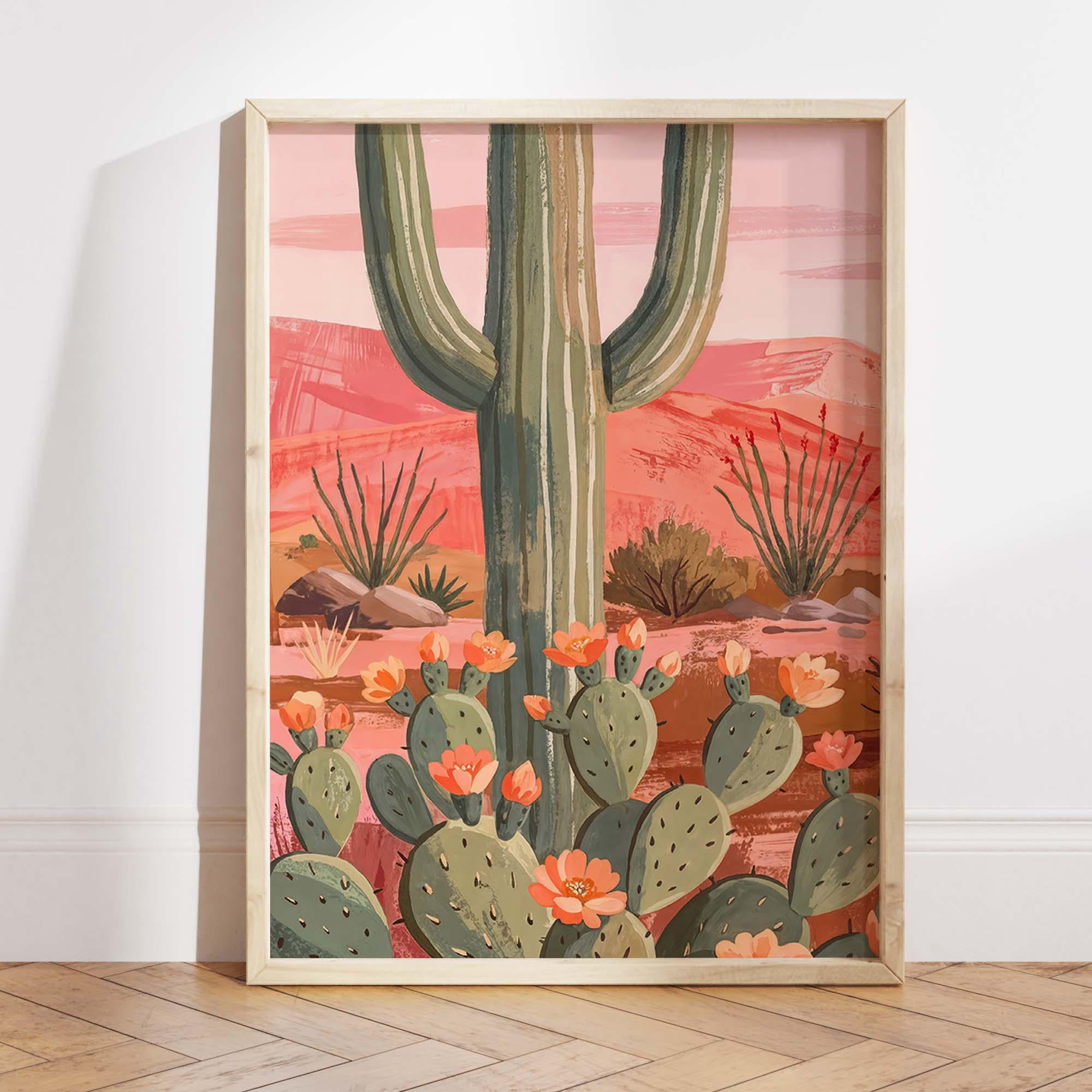 Pink Desert Cactus Art Print Saguaro Prickly Pear Blossoms Poster ...