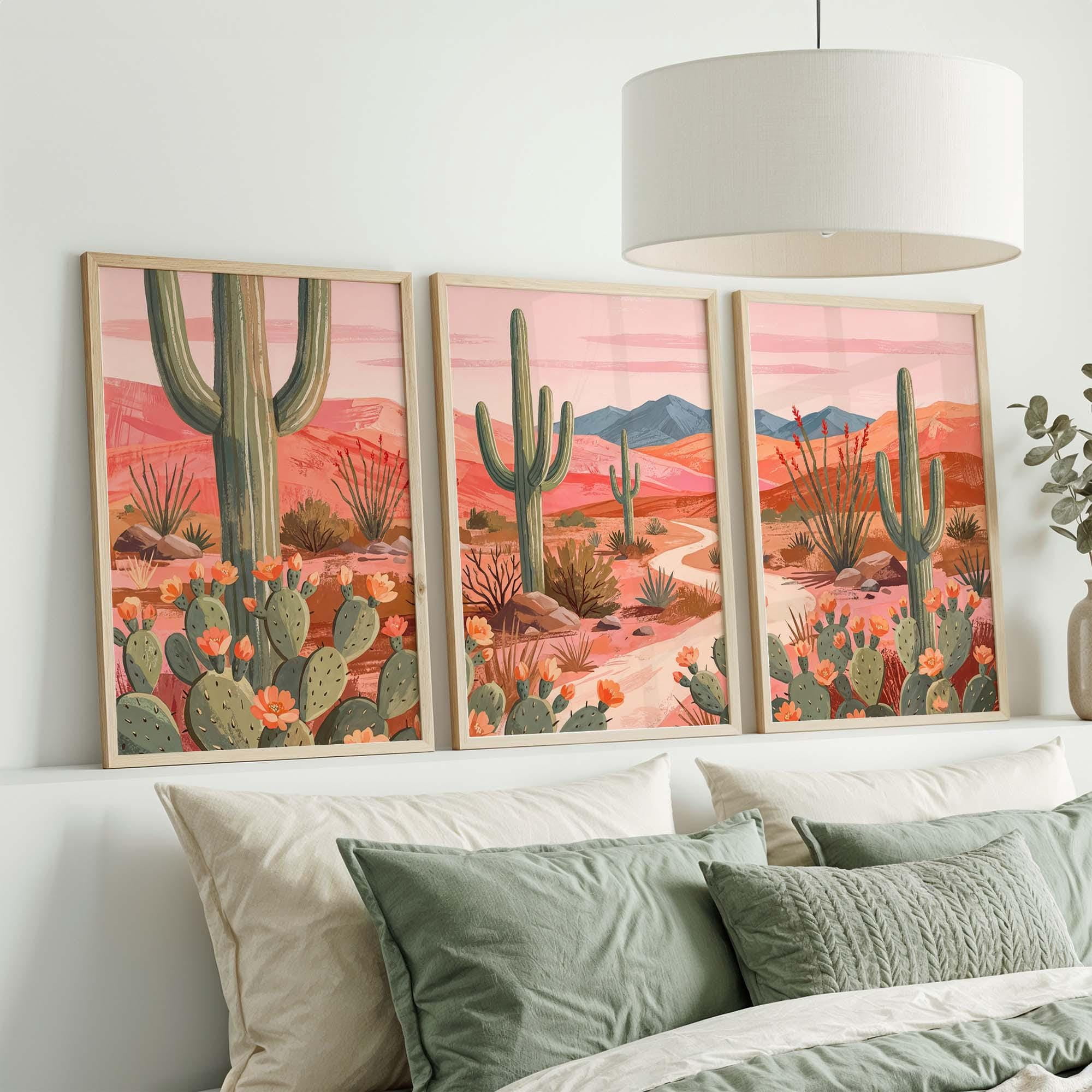 Pink Desert Cactus Prints Southwestern Saguaro Landscape Art Boho ...