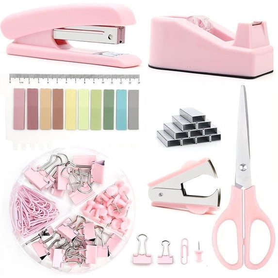 LANZOELIFE Pink Office Supplies Set, 7 Pcs with Stapler, Tape Dispenser ...