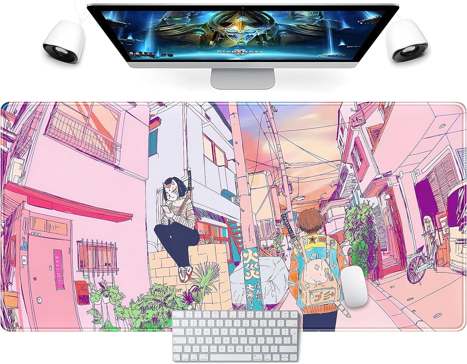 Pink Desk Mat, Anime City Gamer Mouse Pad, Pastel Gaming Large Mousepad ...