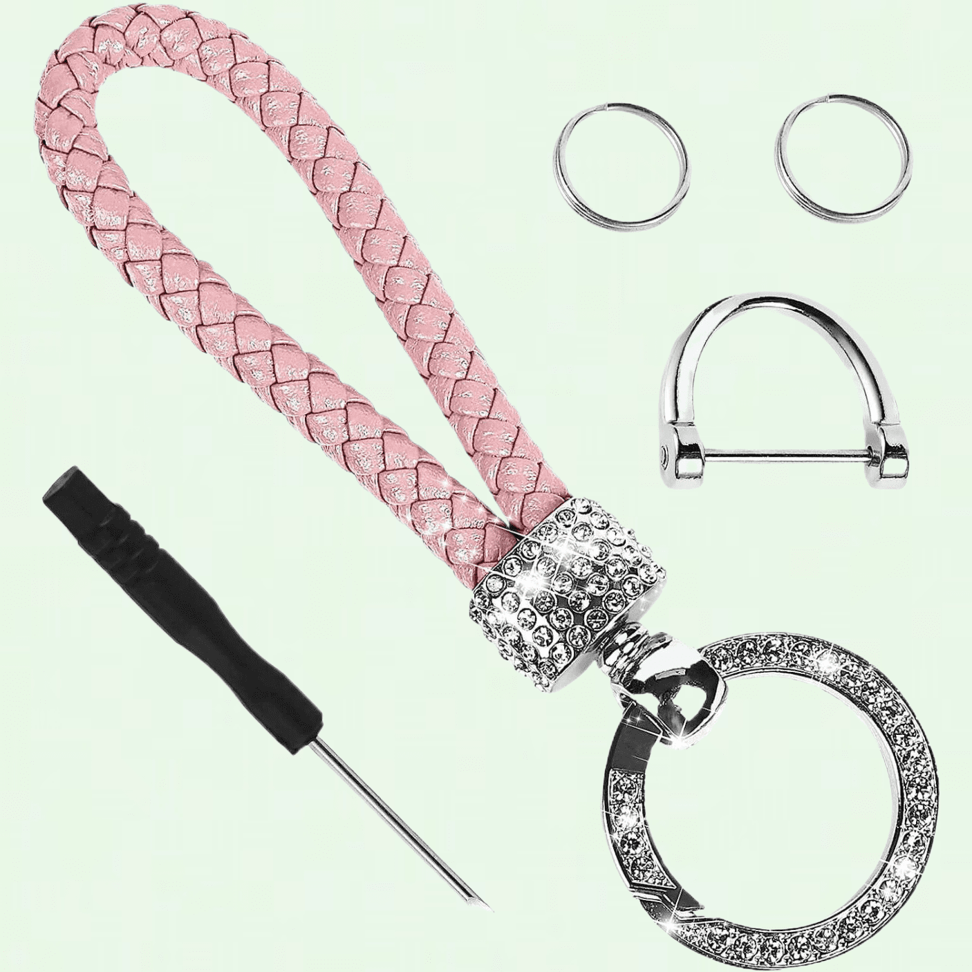 Pink Diamond-Studded Leather Car Keychains with Bling Metal Clip, Anti ...