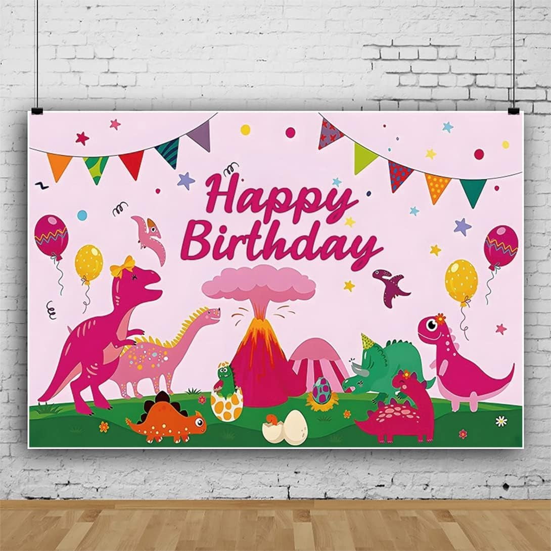 Pink Dinosaur Backdrop Happy Birthday Cartoon Animal Photography ...