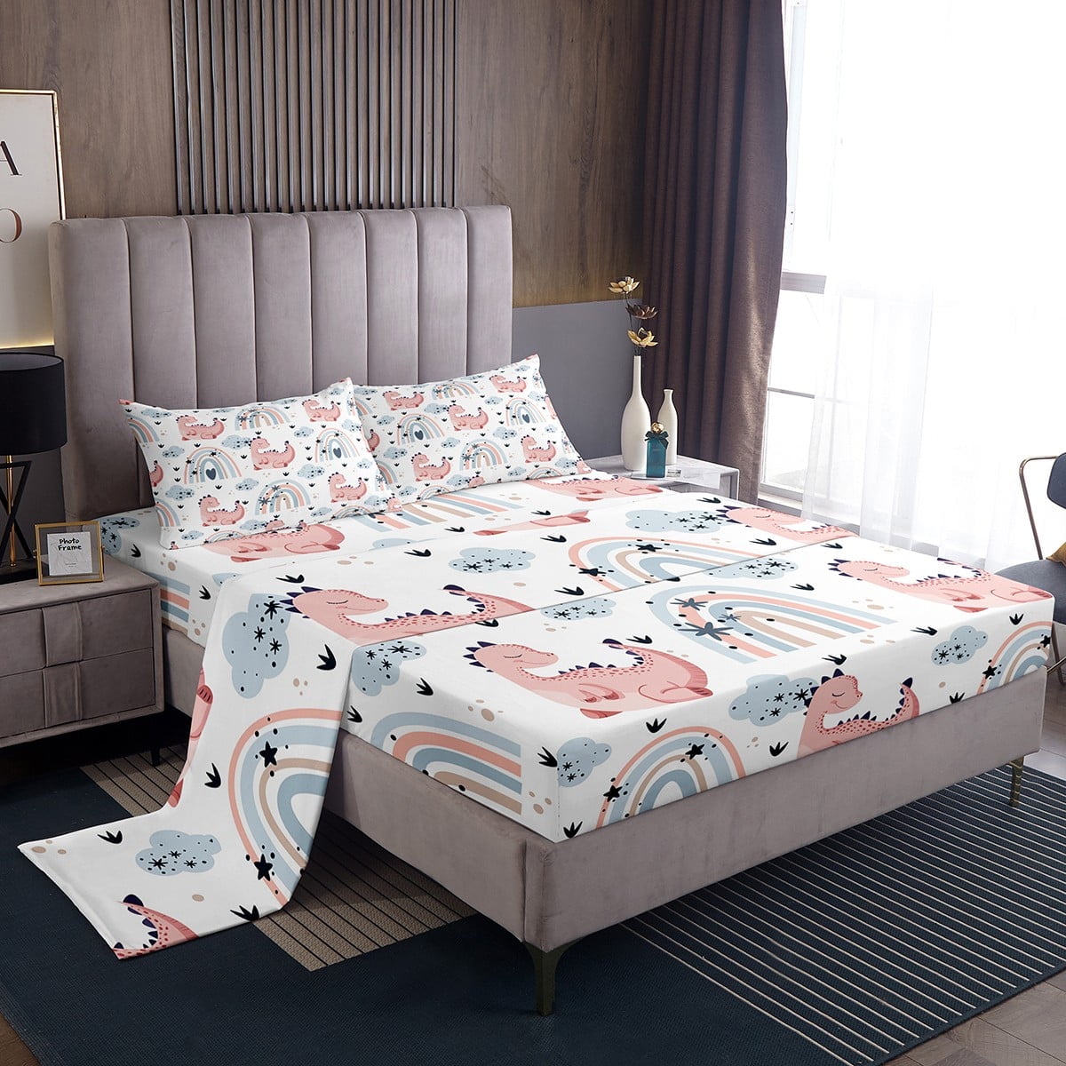 Pink Dinosaur Bed Sheets Kawaii Room Decor,Cute Rainbow Sheet Set ...