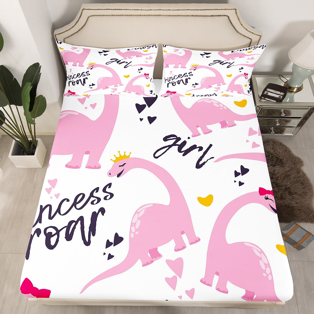 Pink Dinosaur Fitted Sheet Queen Kawaii Decor,Cartoon Cute Dino Bedding ...