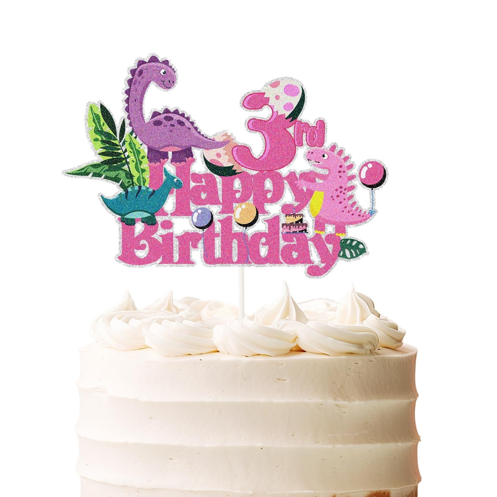 Pink Dinosaur Happy 3rd Birthday Cake Topper, MDH1Royal Princess Third ...
