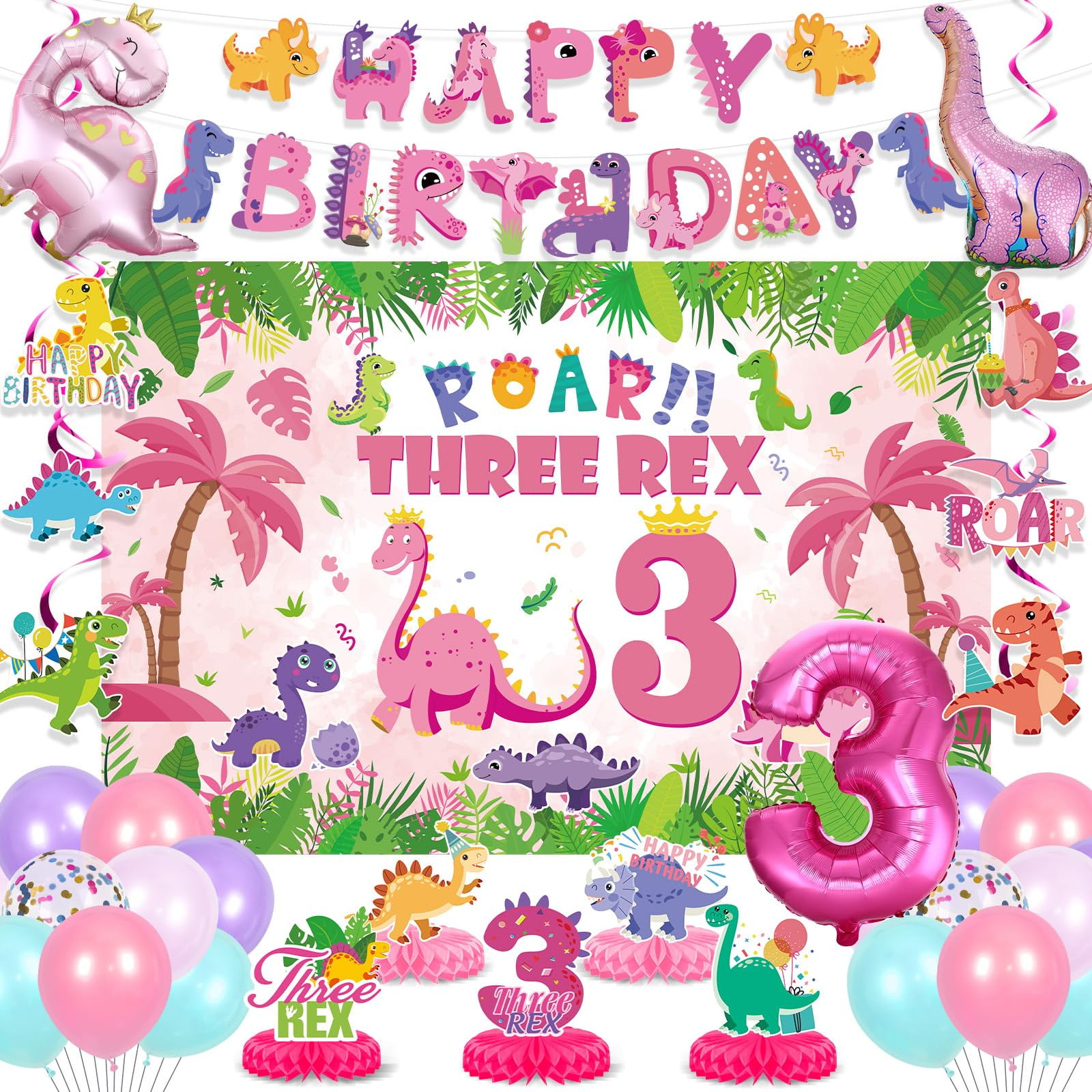 Pink Dinosaur Party Decorations ROAR Theme KKS1 Dinosaur Happy Banner ...