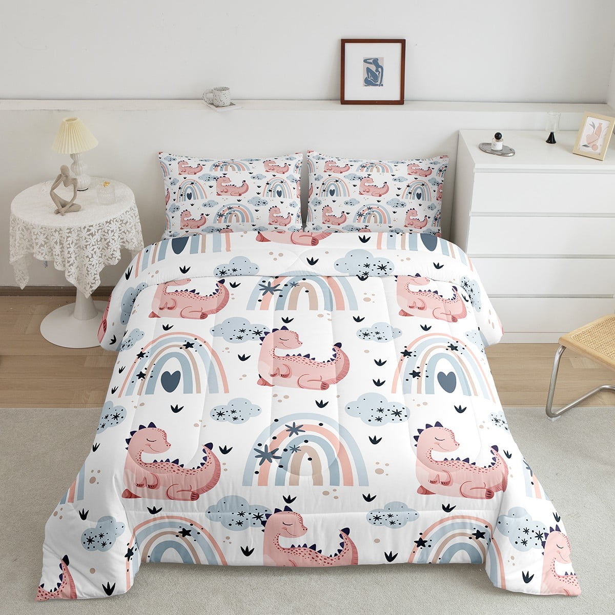 Pink Dinosaurs Bedding Set ,Cloud Bedroom Decor Rainbow Comforter Set ...