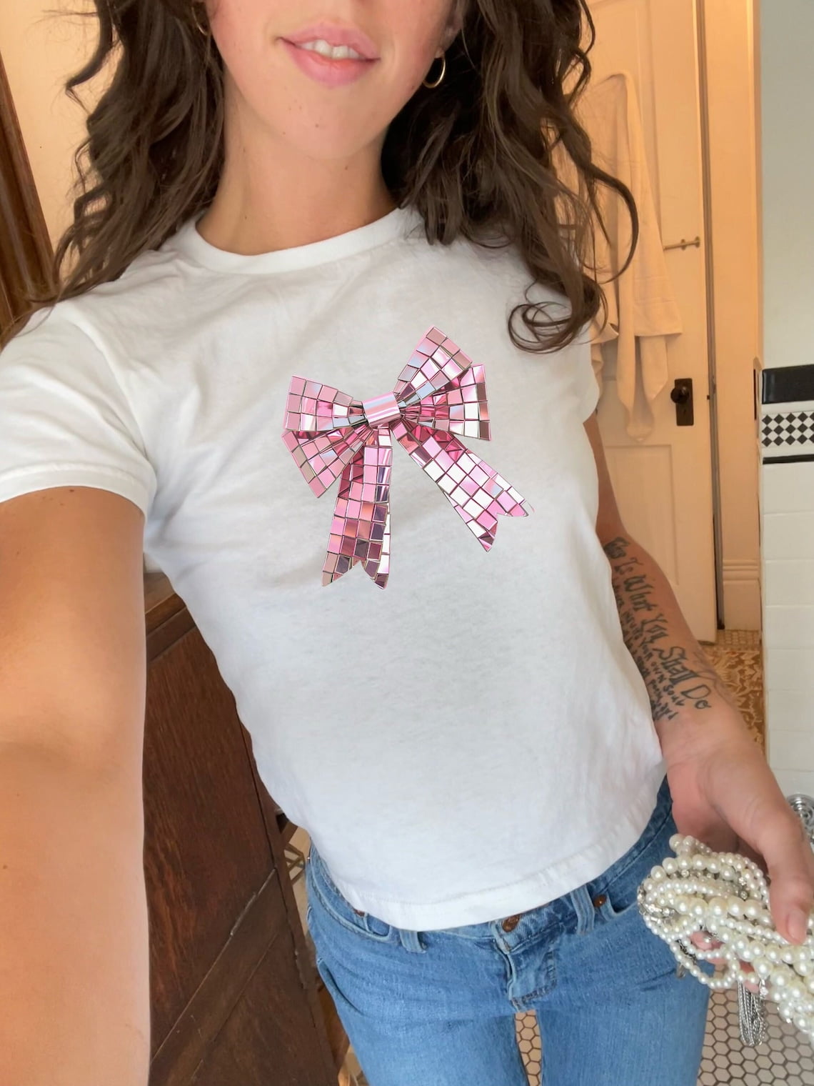 Pink Disco Bow Shirt 90s Crop Top, Coquette Clothing, Cottagecore GenZ ...