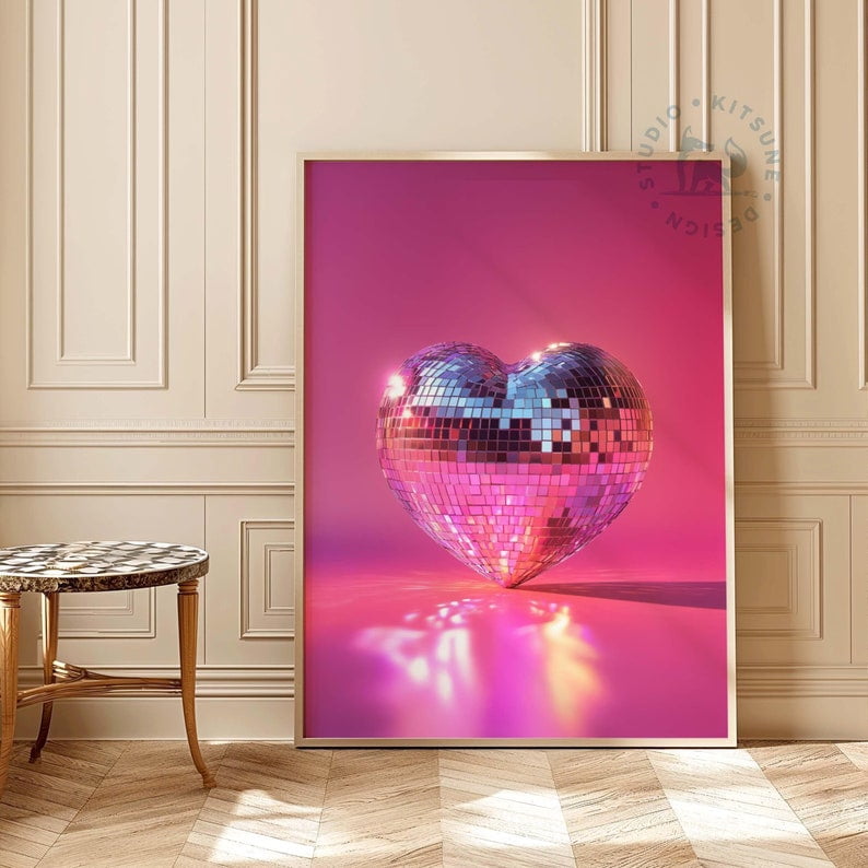 Pink Disco Heart Wall Art, Funky Love Decor Gift, Groovy Dopamine ...