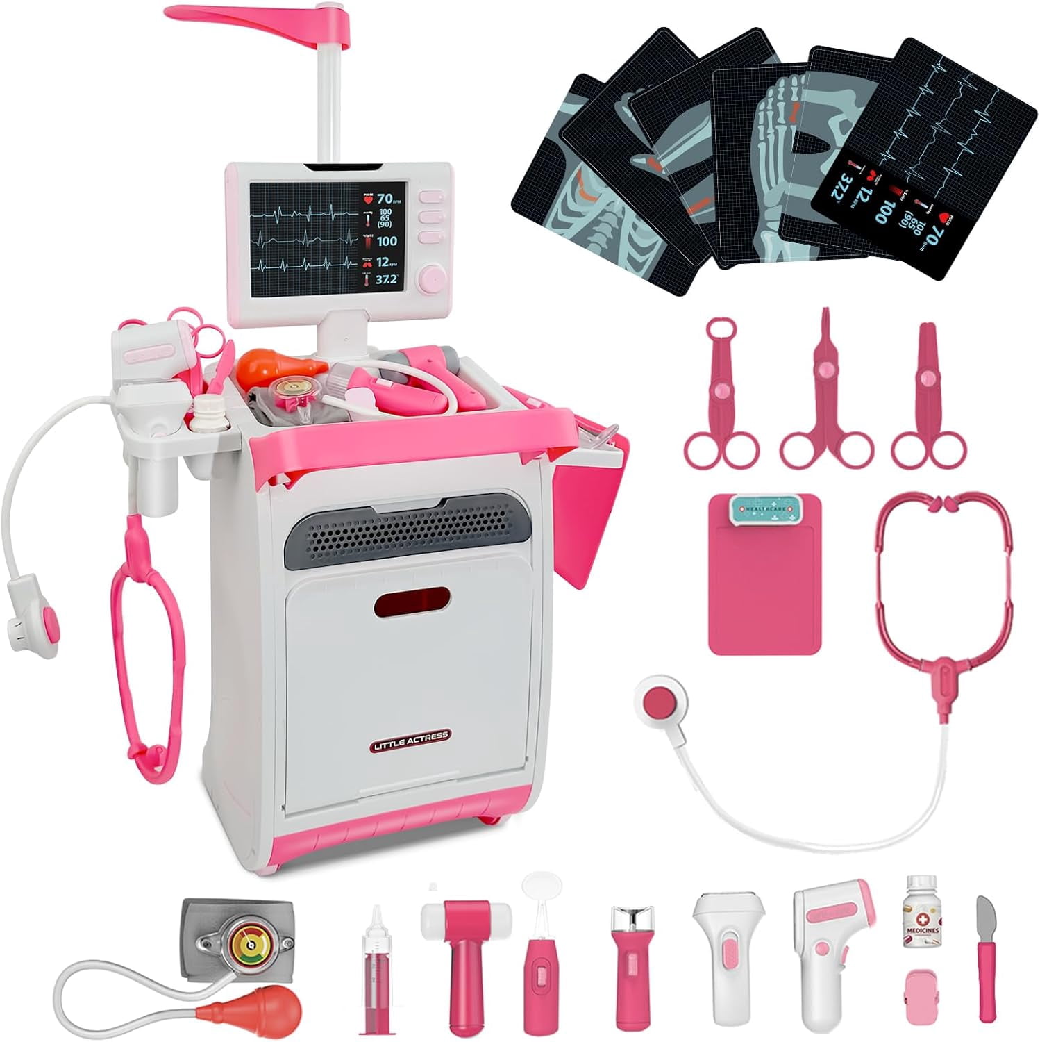 Pink Doctor Kit for Toddlers 3-5, Pretend Doctor Play Set with Cart ...