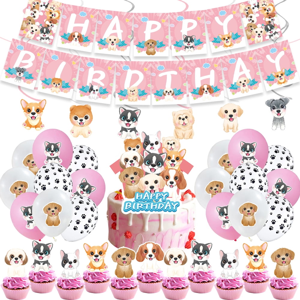 Pink Dog Paw Theme Birthday Plate Cup Tablecloth Balloon Tableware Set ...