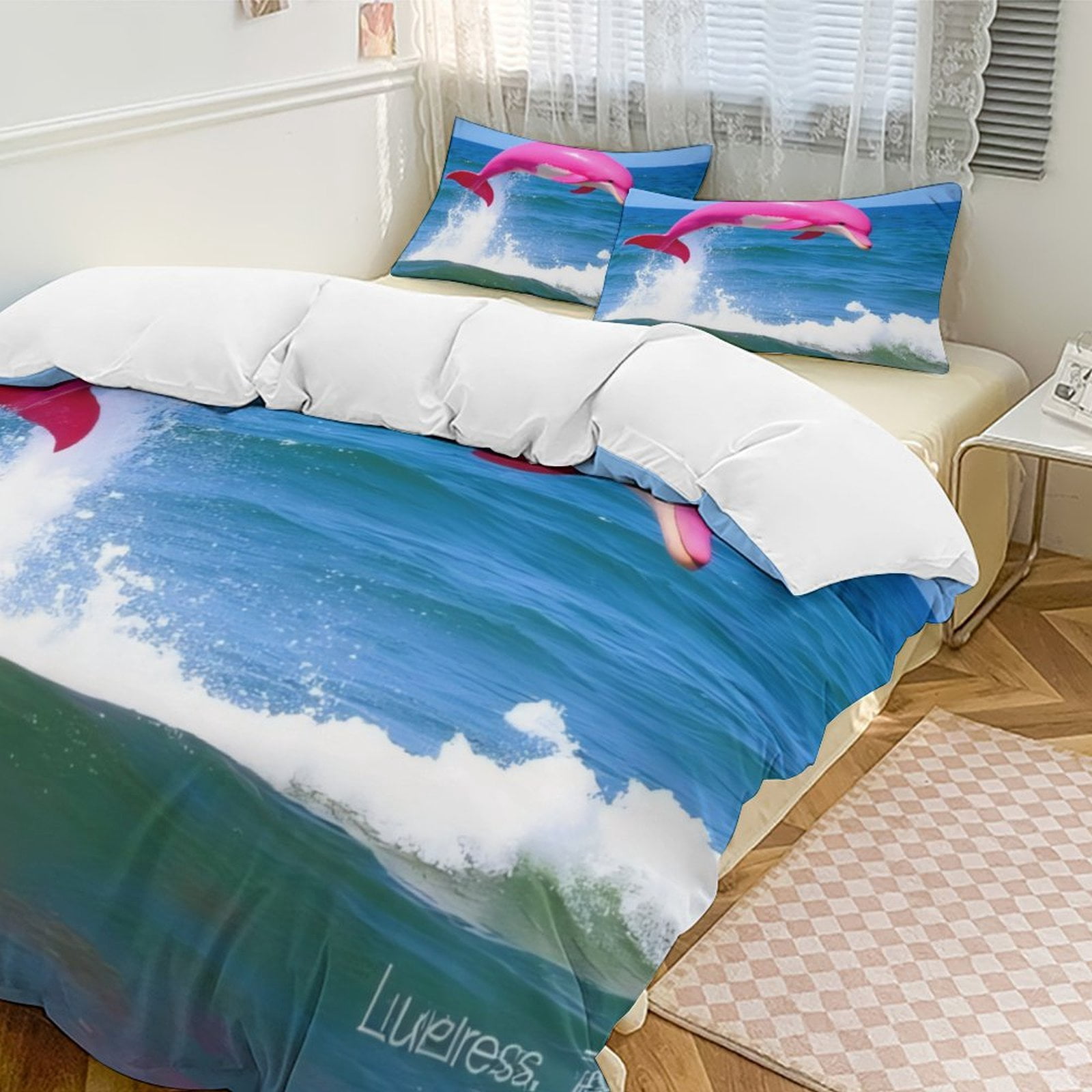 Pink Dolphin Jumping Over Ocean Wave 3D Duvet Cover Set Quilt Cover ...