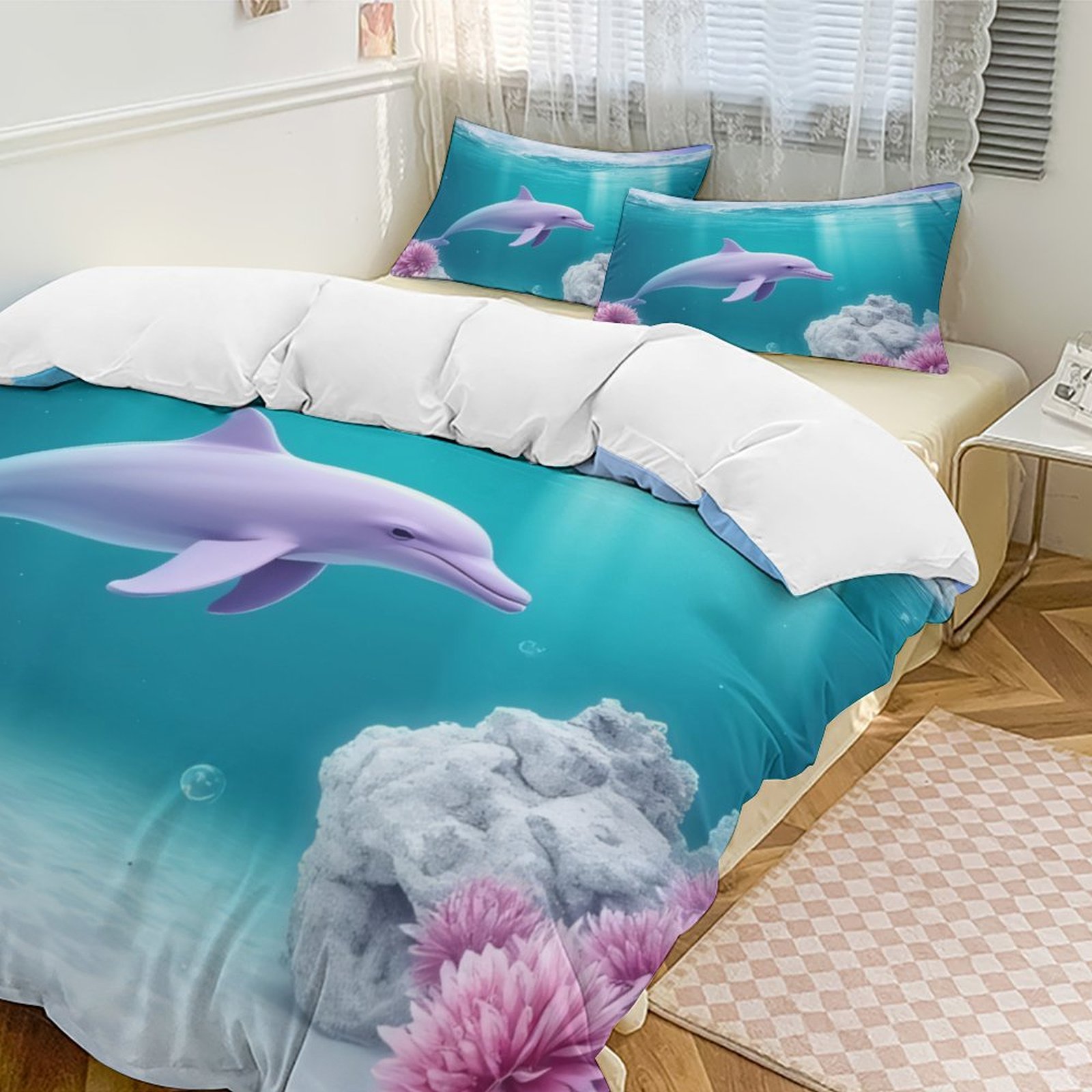 Pink Dolphin Underwater Scene Duvet Cover Set Themed Multicolor ...
