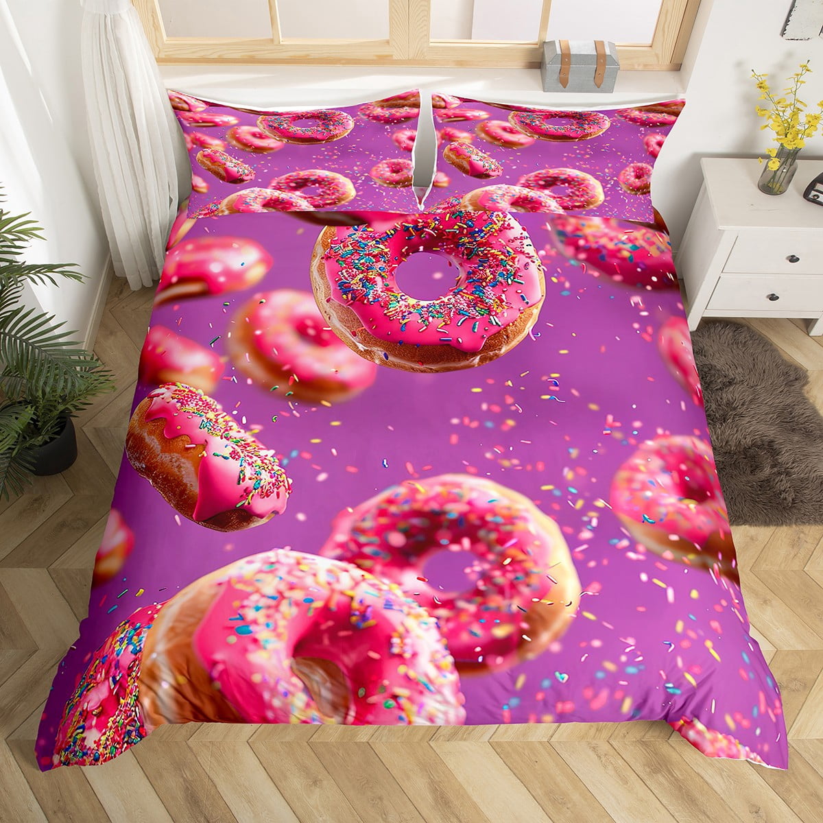Pink Donut Bedding King Size Cake Dessert Comforter Cover for Kids ...