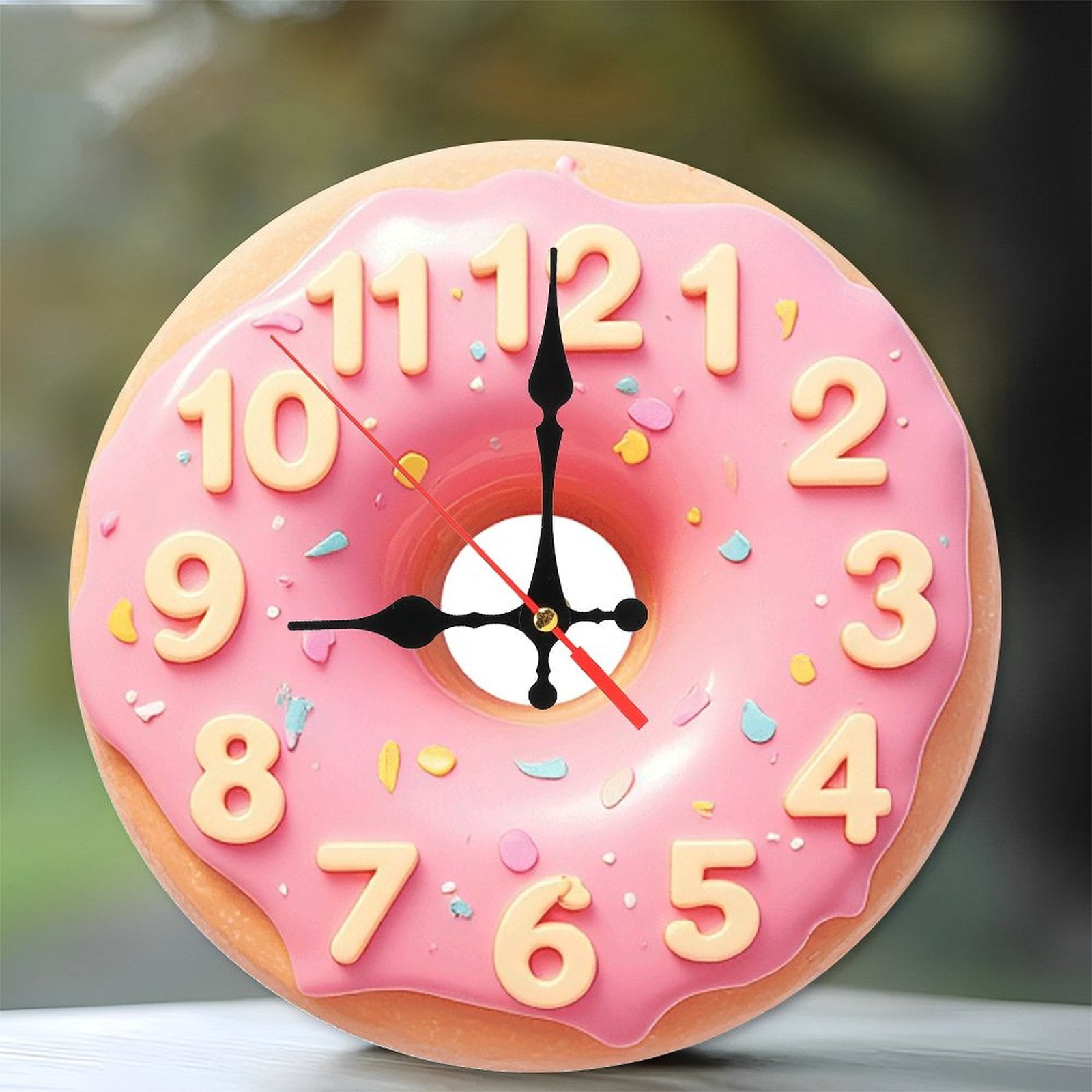 Pink Donut Clock Shaped Cake Decor 10-Inch Silent Wooden Wall Clock ...