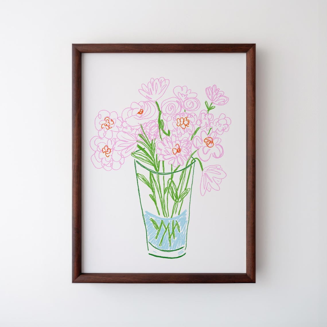 Pink Doodle Bouquet Art Print, Trendy Decor, Abstract Vintage Painting ...