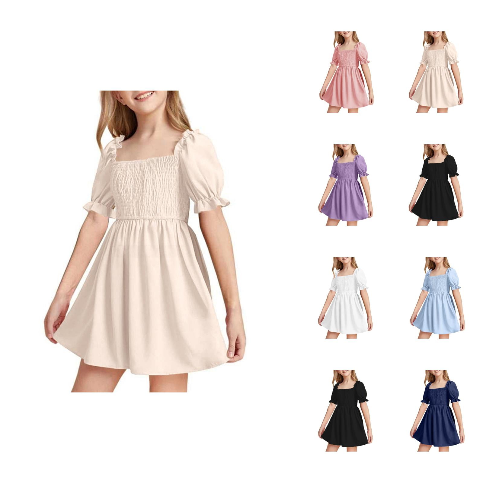 Pink Dress for Girls Summer Short Sleeve A-Line Dress – Trimmed Collar ...