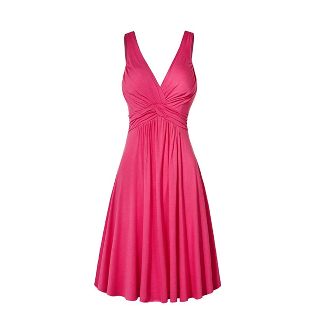 Pink Dresses Women's Plus Size V-neck Retro Sling Pleated Slim Flare ...