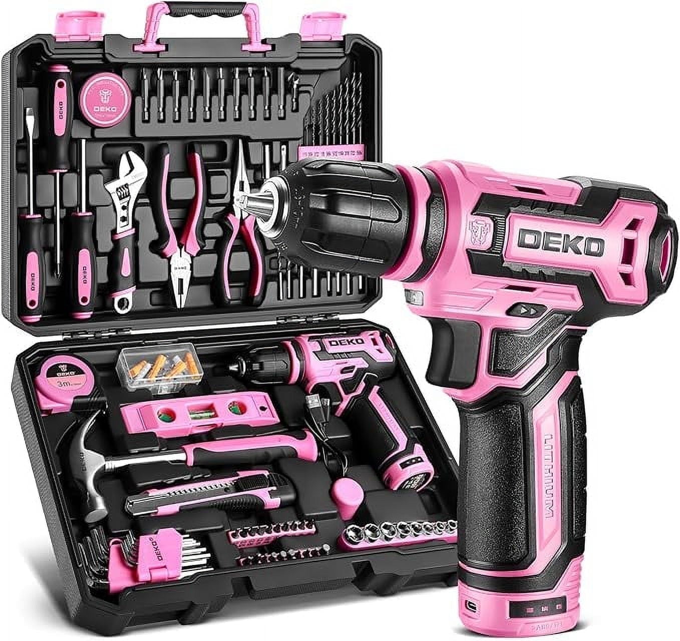 DEKOPRO Pink Tool Kit, Cordless 12V Drill with Rechargeable Battery ...