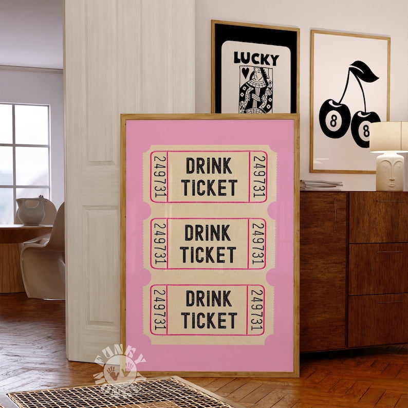 Pink Drink Ticket Stub Bar Cart Decor Girly Preppy Printable Retro ...