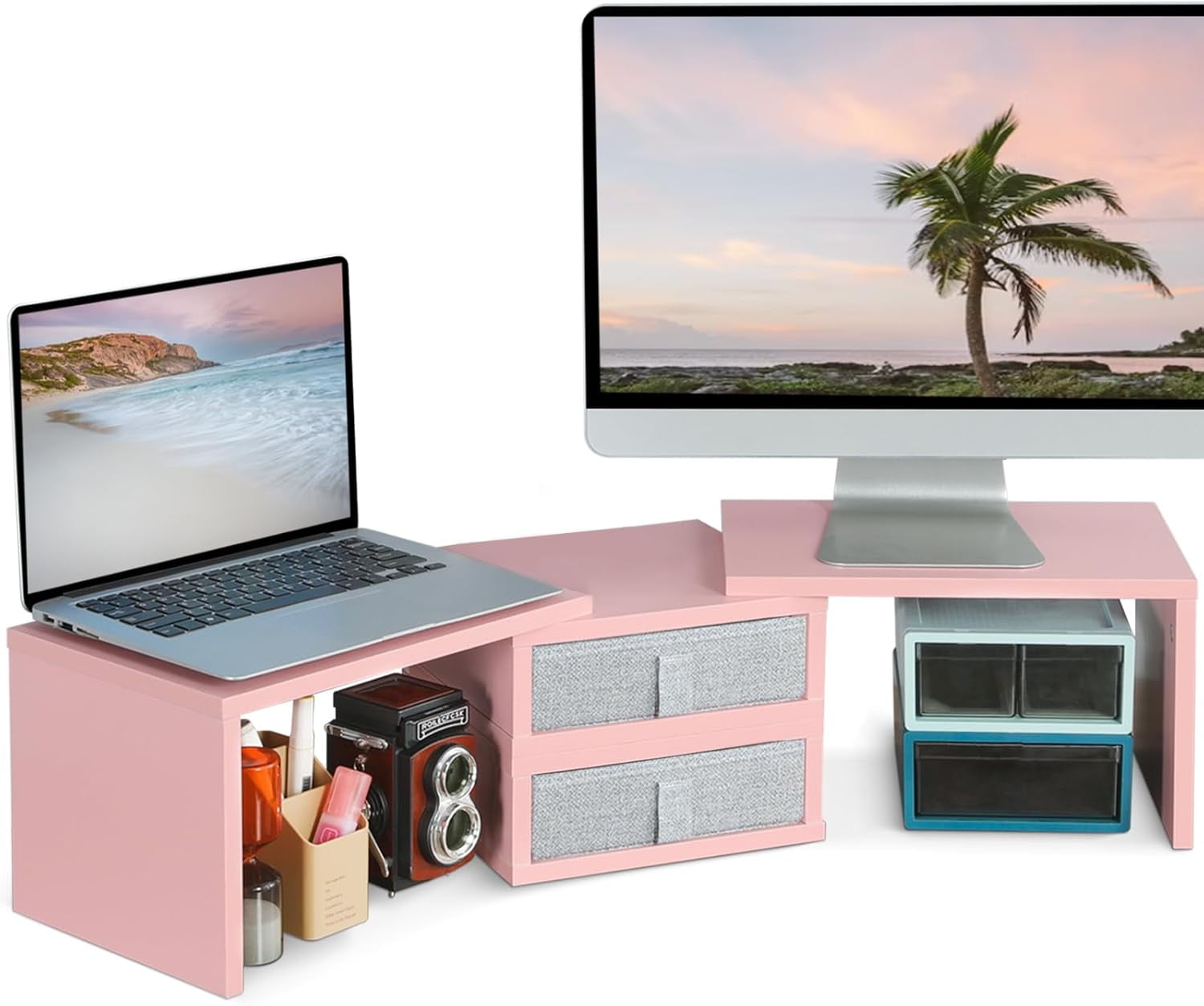 Pink Dual Monitor Stand Riser with 2 Drawers - Length and Angle ...