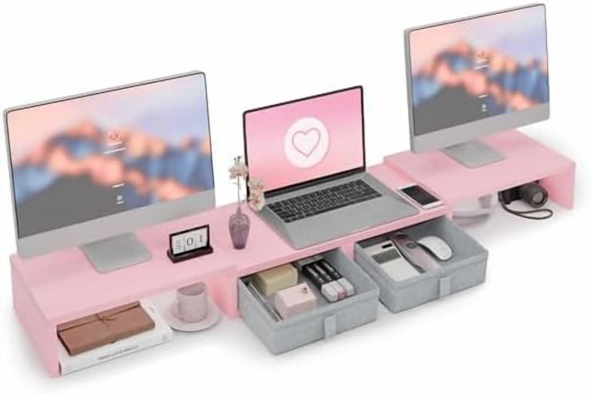Pink Dual Monitor Stand Riser - Length and Angle Adjustable Monitor ...