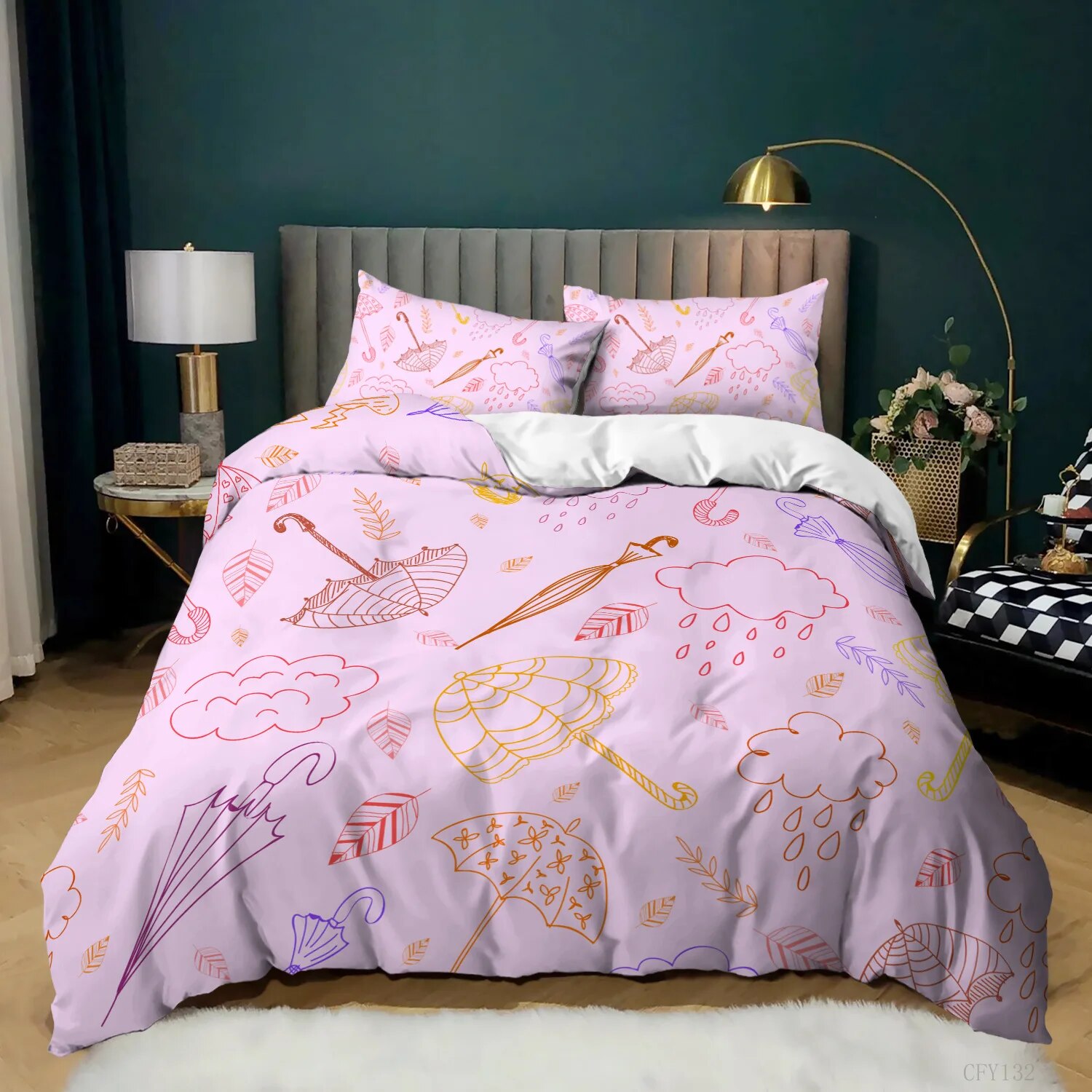 Pink Duvet Cover Set Cartoon Umbrellas Decorative 3 Piece Bedding Set ...