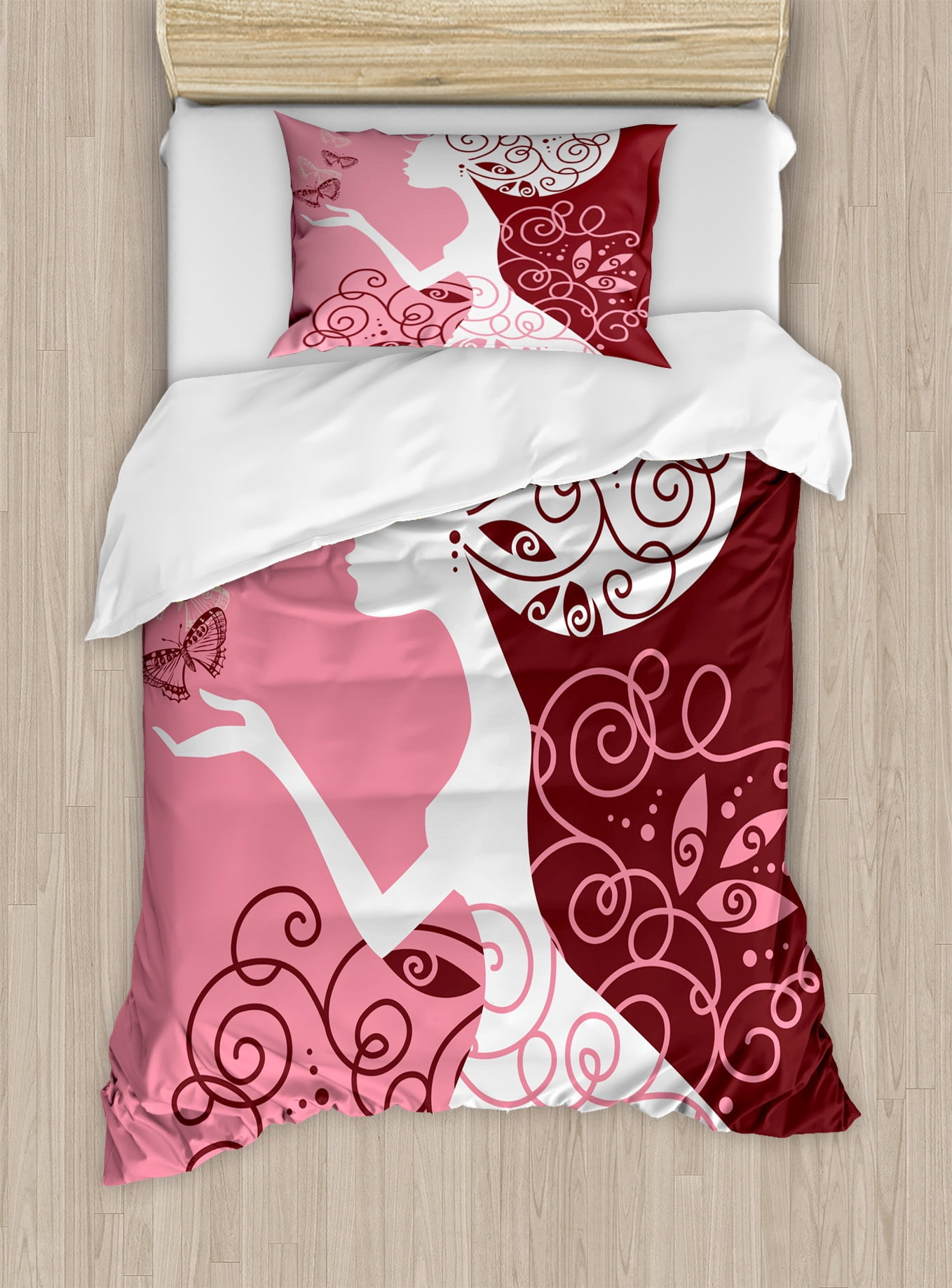 Pink Duvet Cover Set, Drawing Girl with Butterflies Floral Ornaments ...
