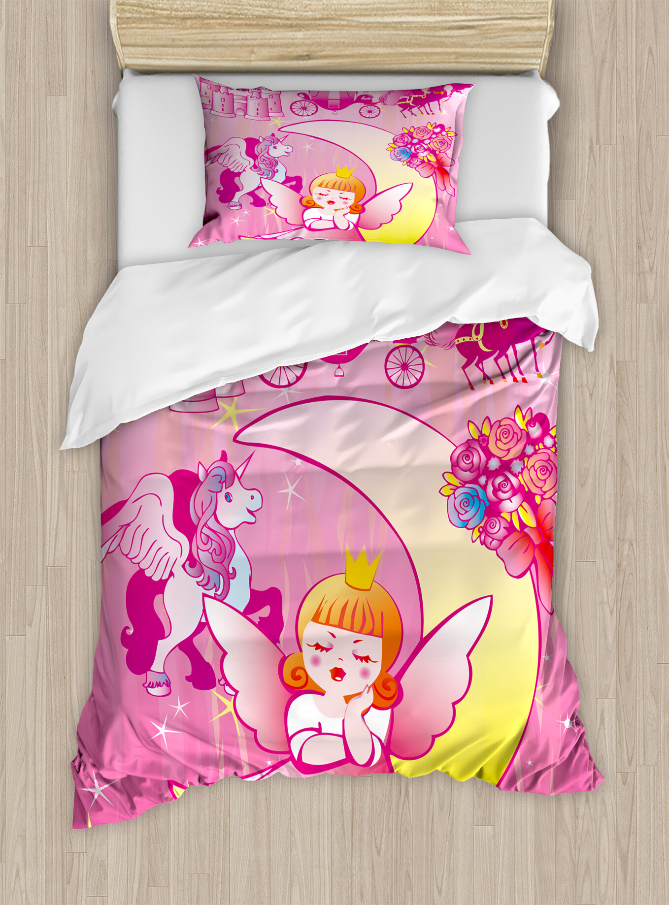 Pink Duvet Cover Set, Girl with Wings Sitting on the Moon Unicorn ...