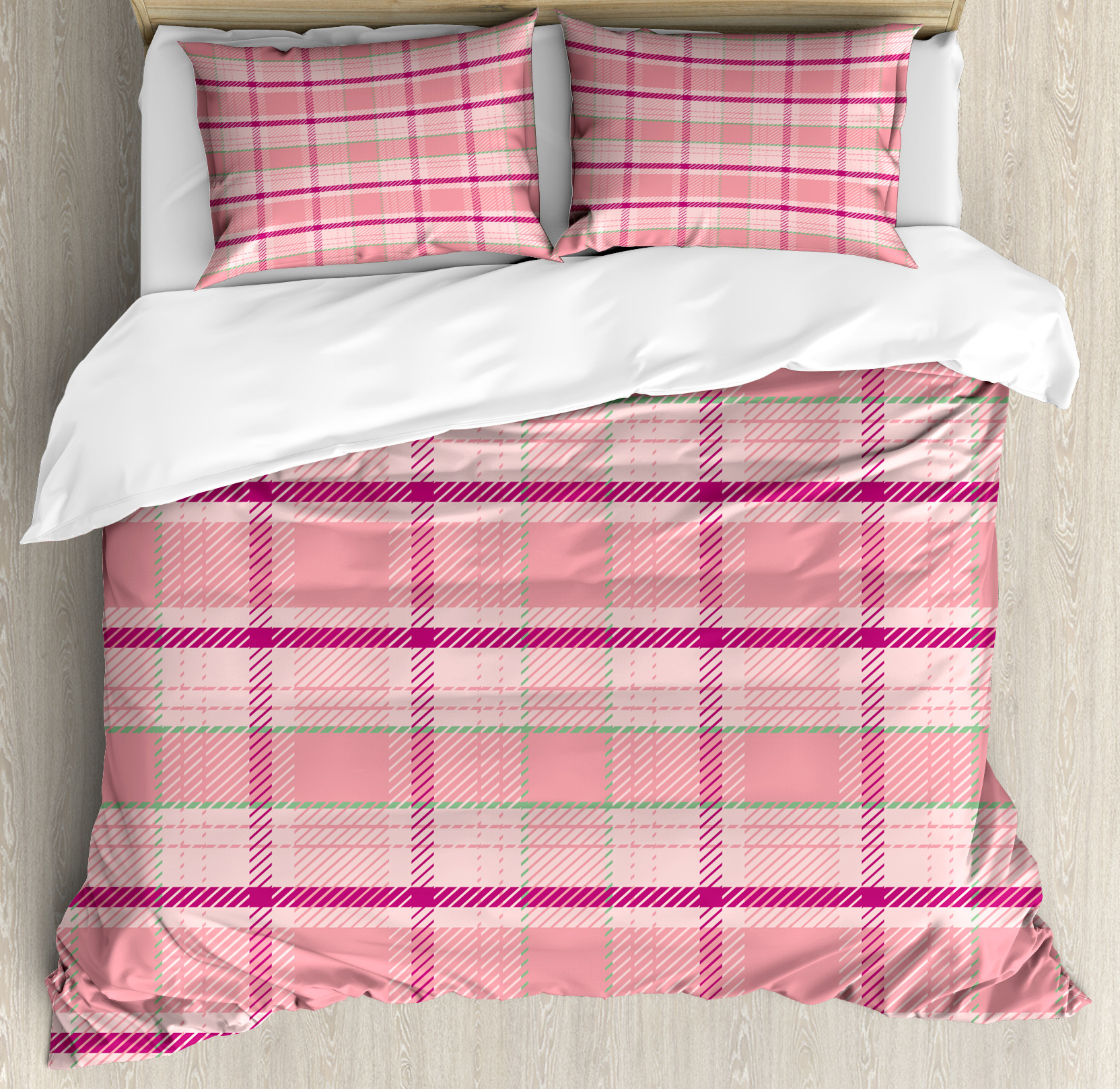 Pink Duvet Cover Set, Tartan Plaid Pattern with Squares in Magenta ...