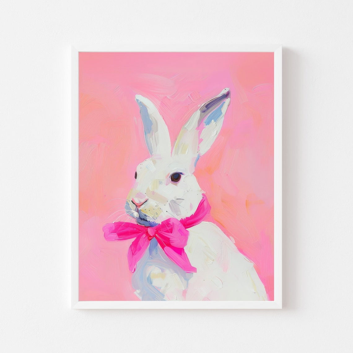 Pink Easter Bunny Painting Girly Rabbit Bow Wall Art Print Colorful ...
