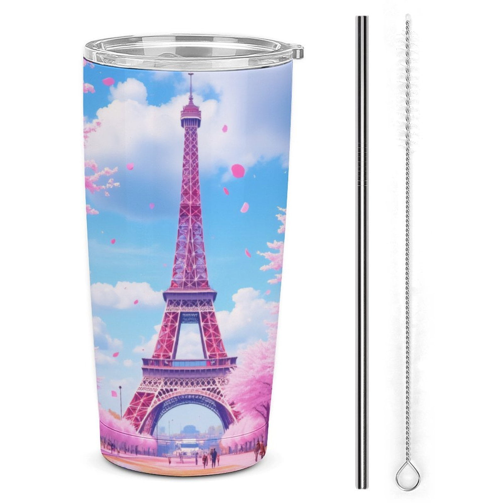 Pink Eiffel Tower Cherry Blossoms Tumbler with Lids And Straws ...