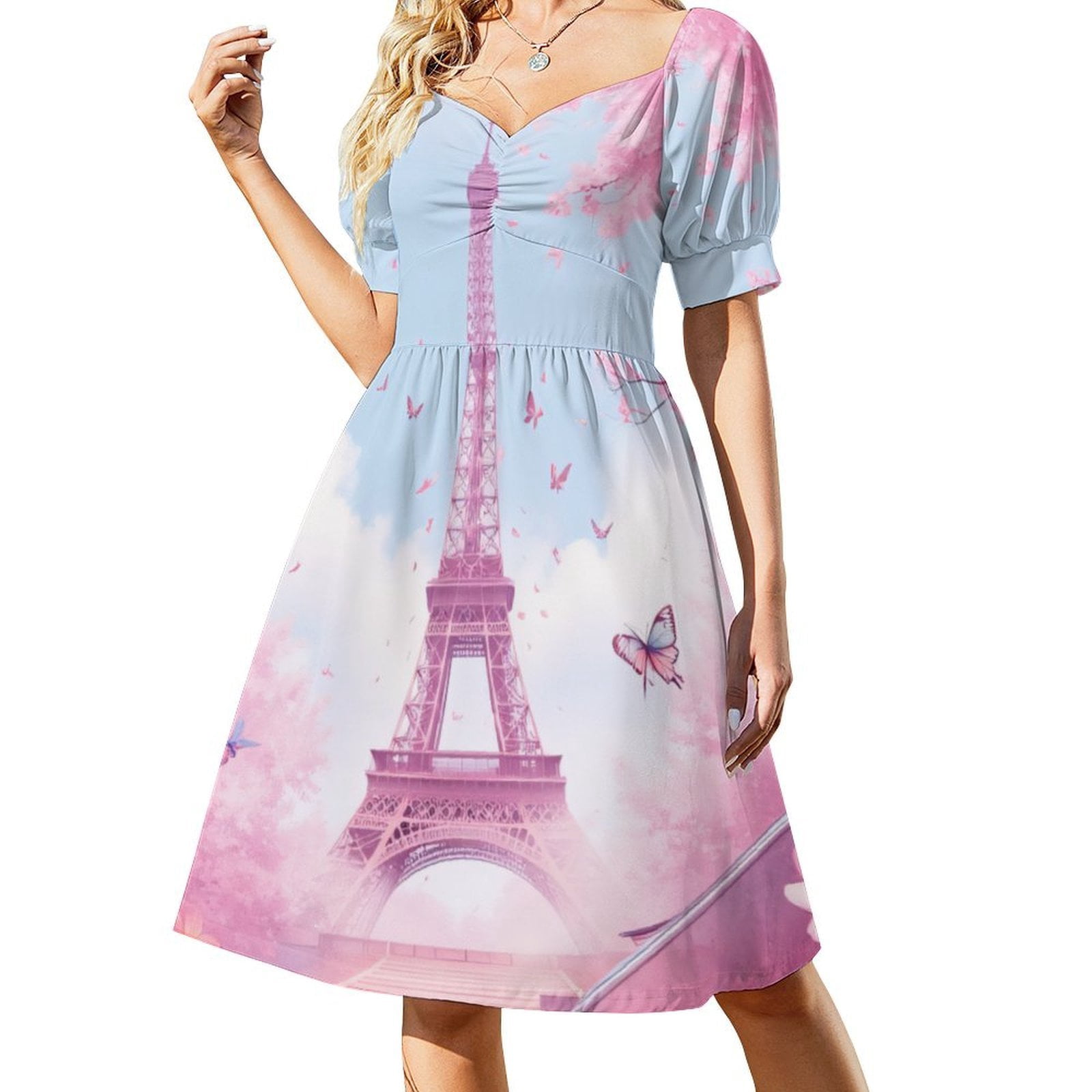 Pink Eiffel Tower with Butterflies Summer Women's Dress 2025 Elegant ...