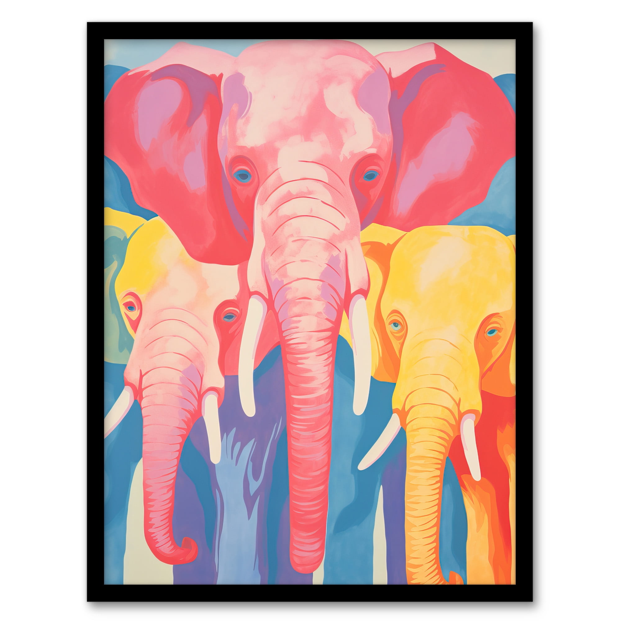 Pink Elephant And Family Red Yellow Blue Soft Pastel Screenprint Art ...